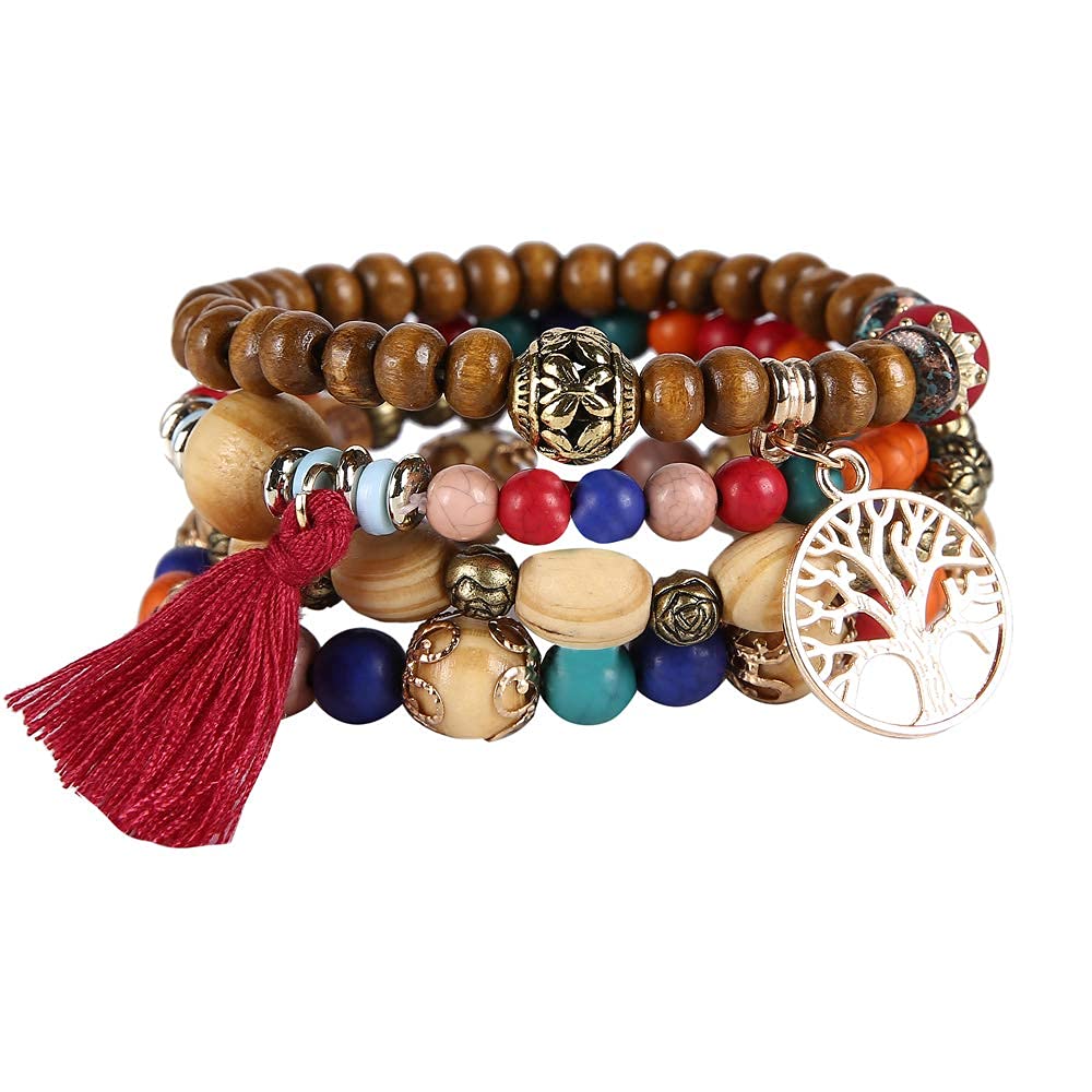 Twinfree Bohemian Stackable Bracelets Set for Women Boho Stretch Multilayer Colorful Stack Beads Bracelet 4 Pack