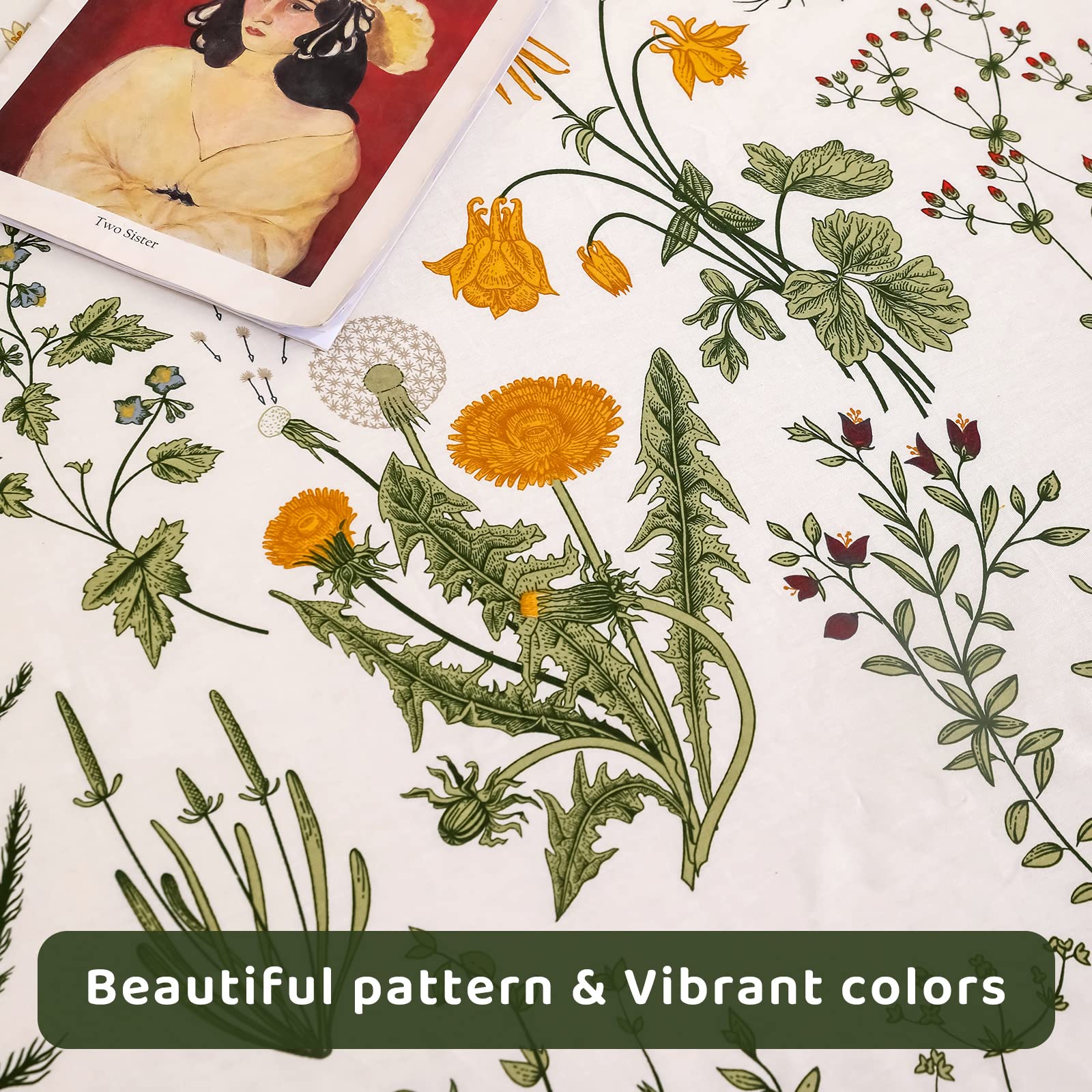 QSH 100% Cotton Sheets for Queen Size Bed, Yellow Flowers Plant Pattern Botanical Luxury Cotton Printed Floral Bedding Sheets Queen Soft and Breathable 4pcs Deep Pocket Queen Sheet Set