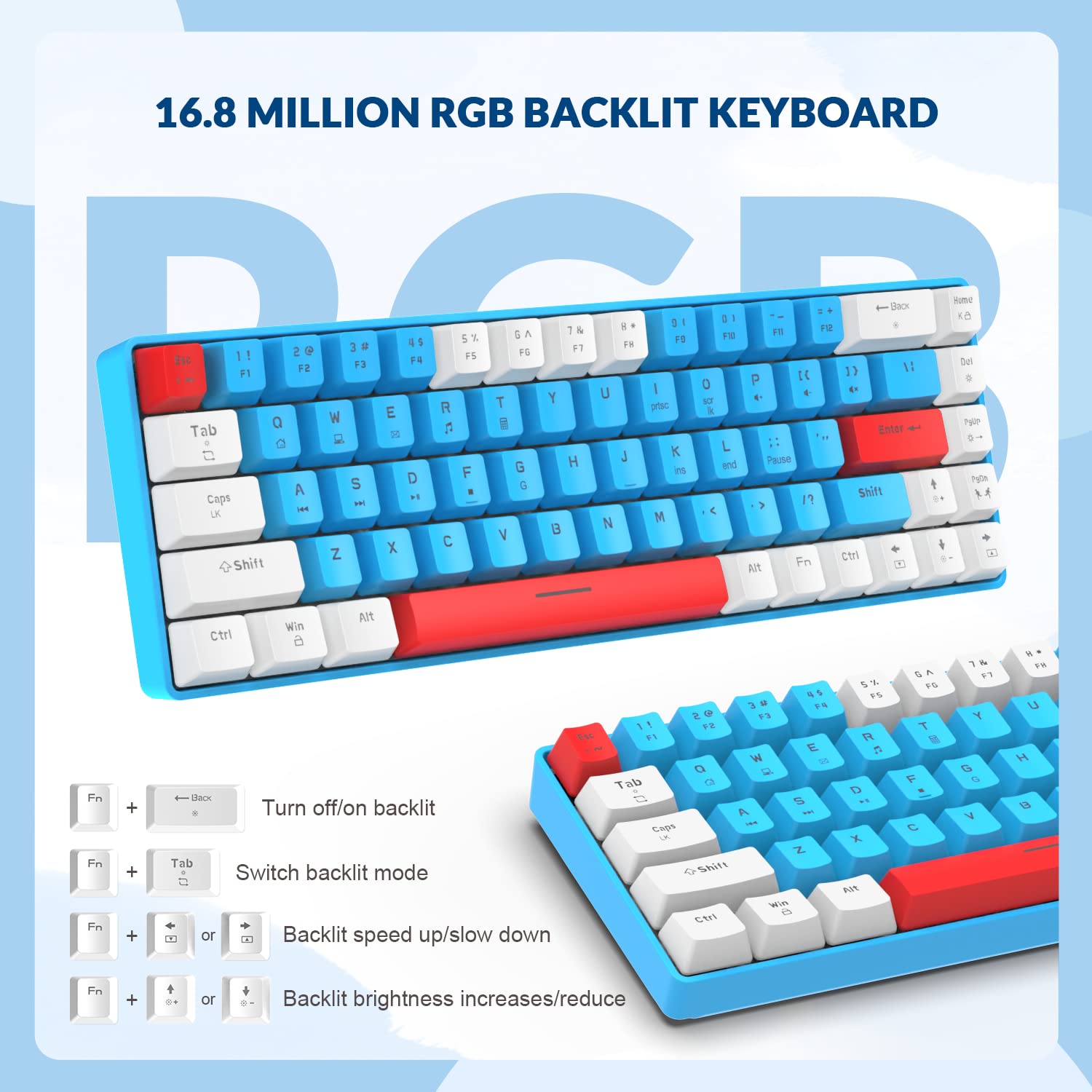 YINDIAO T8 60% Gaming Keyboard,68 Keys Compact Mini Wired Mechanical Keyboard with 18 Chroma RGB Backlit,Blue Switch,USB C Coiled Keyboard Cable,for PC,Laptop,Mac,PS4,XBOX-Black