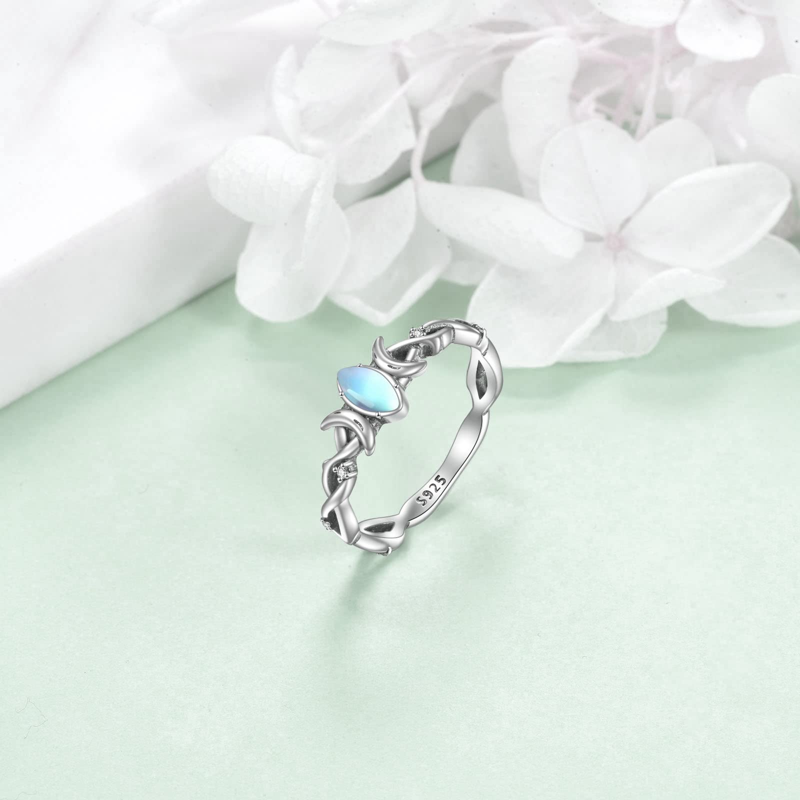 YFN Triple Moon Goddess Ring Sterling Silver Moonstone Rings Wiccan Pagan Jewelry Gifts for Women