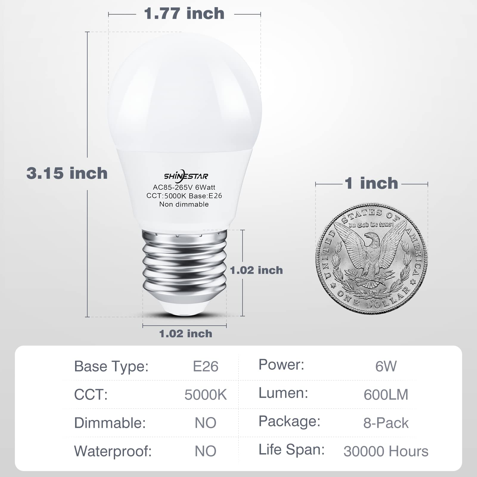 SHINESTAR 8-Pack A15 Ceiling Fan LED Light Bulbs 60W, Daylight 5000K, E26 Standard Base, Non-Dimmable