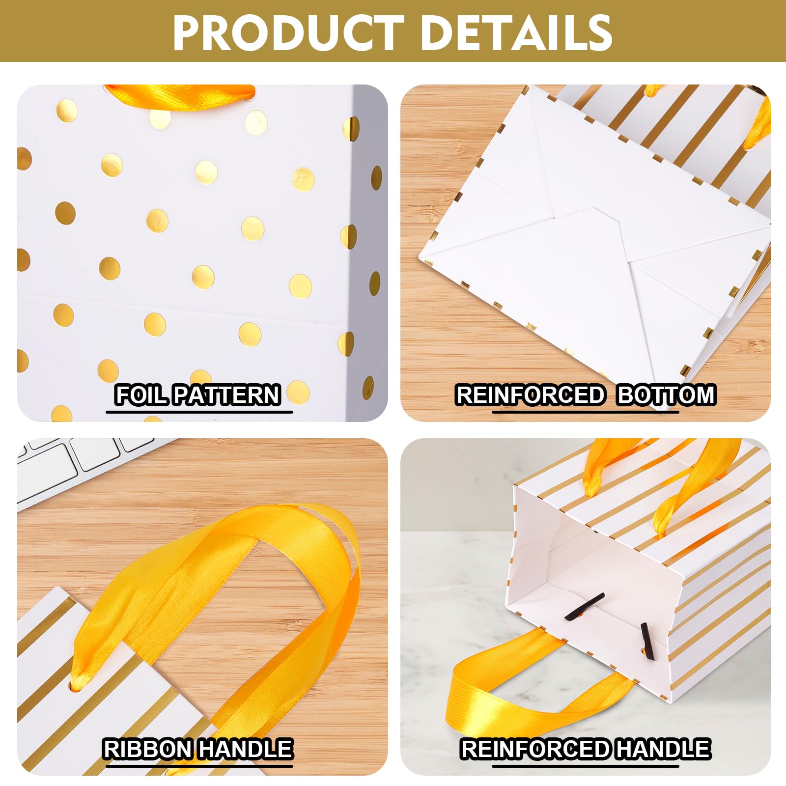 Plauthus 16 Pack Mini Gift Bags with Handles & Tissue Paper, Cute Assorted Pattern Small Gift Bags for Christmas, Holiday, Wedding, Baby Shower, Birthday Party (Gold & White-4.5β x4β x2.75β)