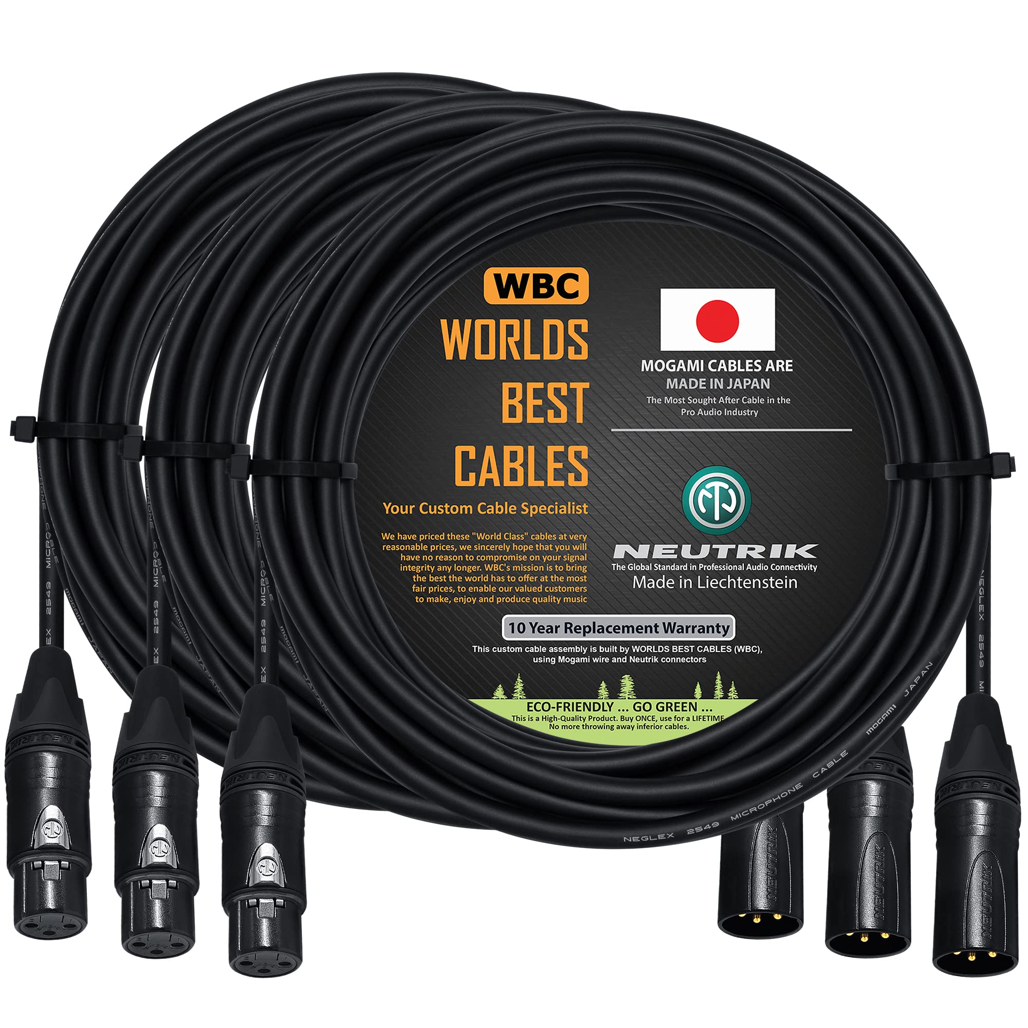 WORLDS BEST CABLES 3 Units - 30 Foot - Balanced Microphone Cable CUSTOM MADE using Mogami 2549 (Black) wire and Neutrik NC3MXX-B & NC3FXX-B Gold XLR Plugs