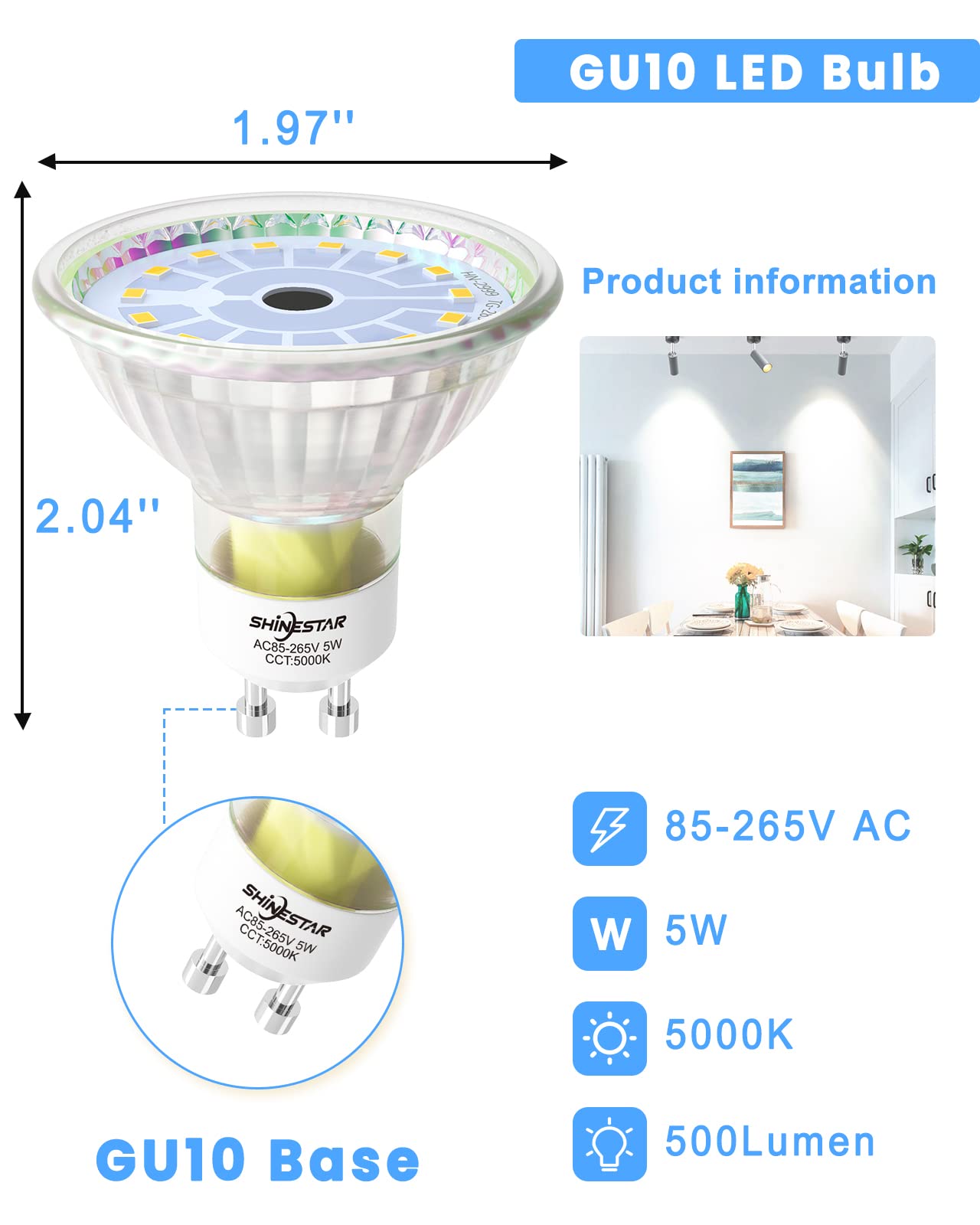 SHINESTAR 8-Pack GU10 LED Bulbs, 5000K Daylight, 50W Equivalent, MR16 Light Bulb with 2 Prongs, Non-dimmable