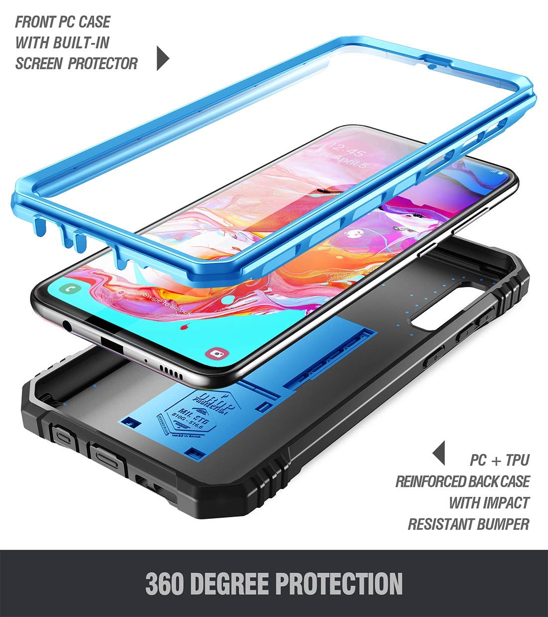 Poetic Revolution Series Phone Case for Samsung Galaxy A70 Case, Full-Body Rugged Dual-Layer Shockproof Protective Cover with Kickstand and Built-in-Screen Protector,Blue