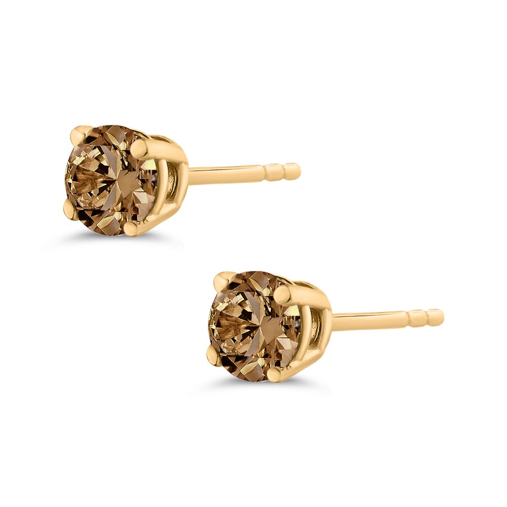 Round Brilliant Cut Brown Diamond Earring Studs in 14K Yellow Gold (1/2 cttw)
