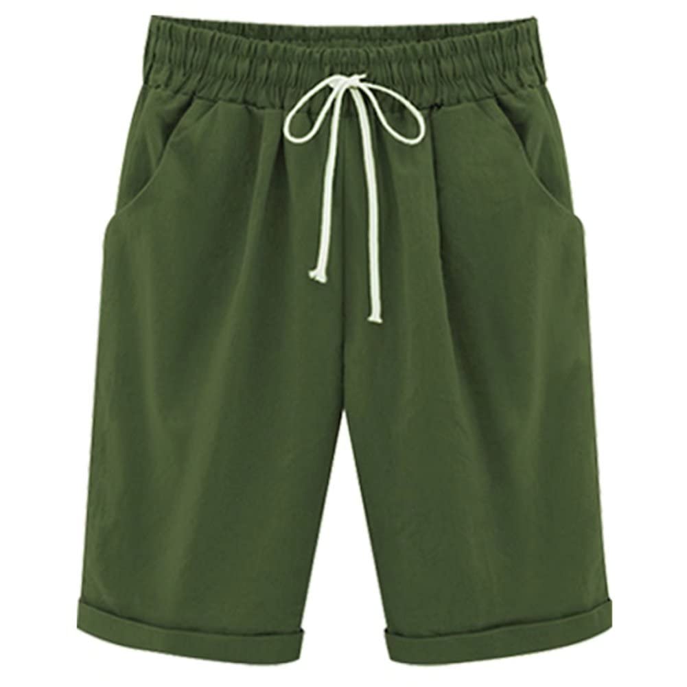 XinYangNi Women's Casual Cotton Fit Curled Cuffs Summer Elastic Waist and Drawstring Hiking Shorts Army Green US 4-6