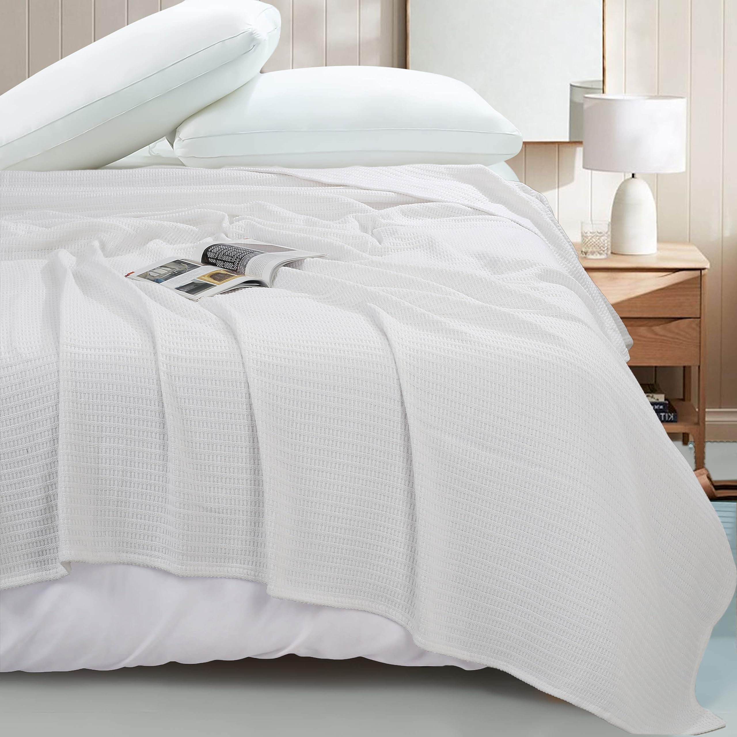 Tex Trend 100% Cotton Blanket King Size for Bed - Classic Fall Blanket, Lightweight, Thermal, Breathable, Soft Woven Blanket for All Seasons, White, 90x108 Inches