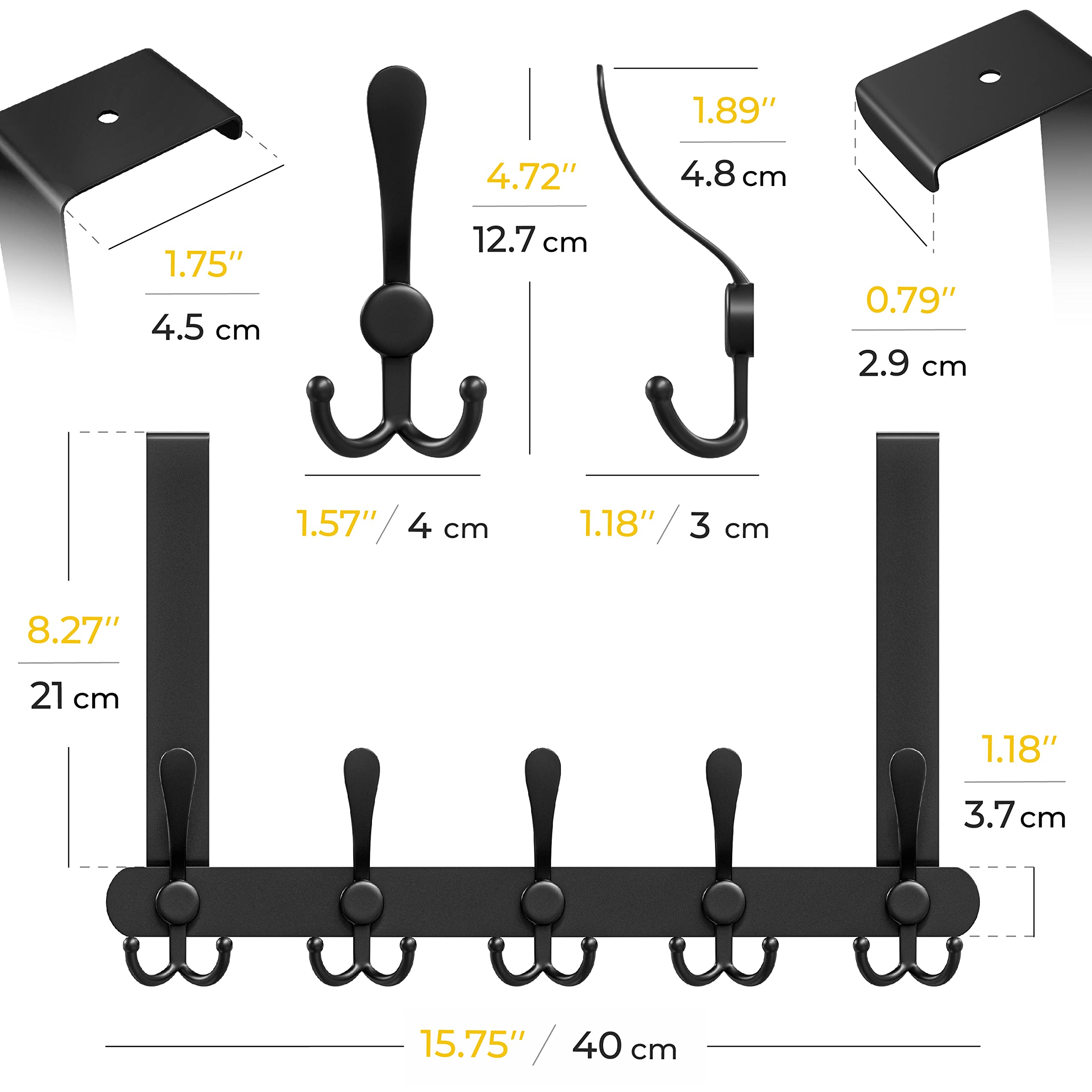 SAYONEYES Matte Black Over The Door Hooks - Heavy Duty Stainless Steel Door Hanger Holder with 5 Tri Hooks for Hanging Coat Robe Hat Bag Towel Rack Bathroom, Bedroom, Closet β 1 Pack