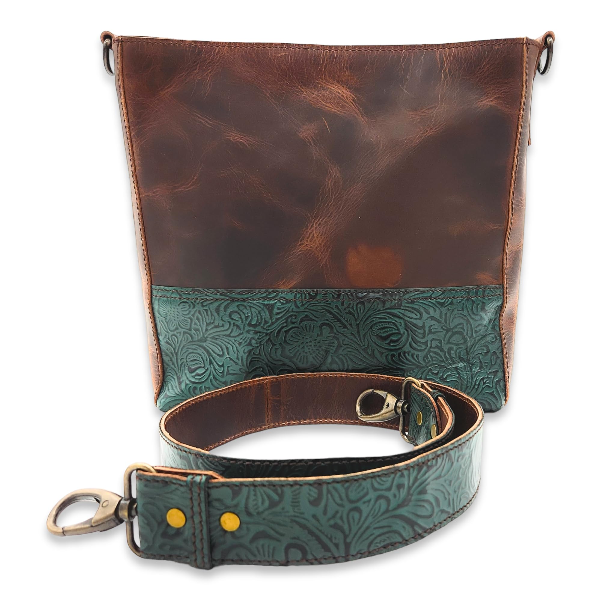 Ranch Junkie Handcrafted Rancho Leather Tooled Belt Strap Purse With Interchangeable Leather Strap (Tooled Turquoise And Vintage Brown)