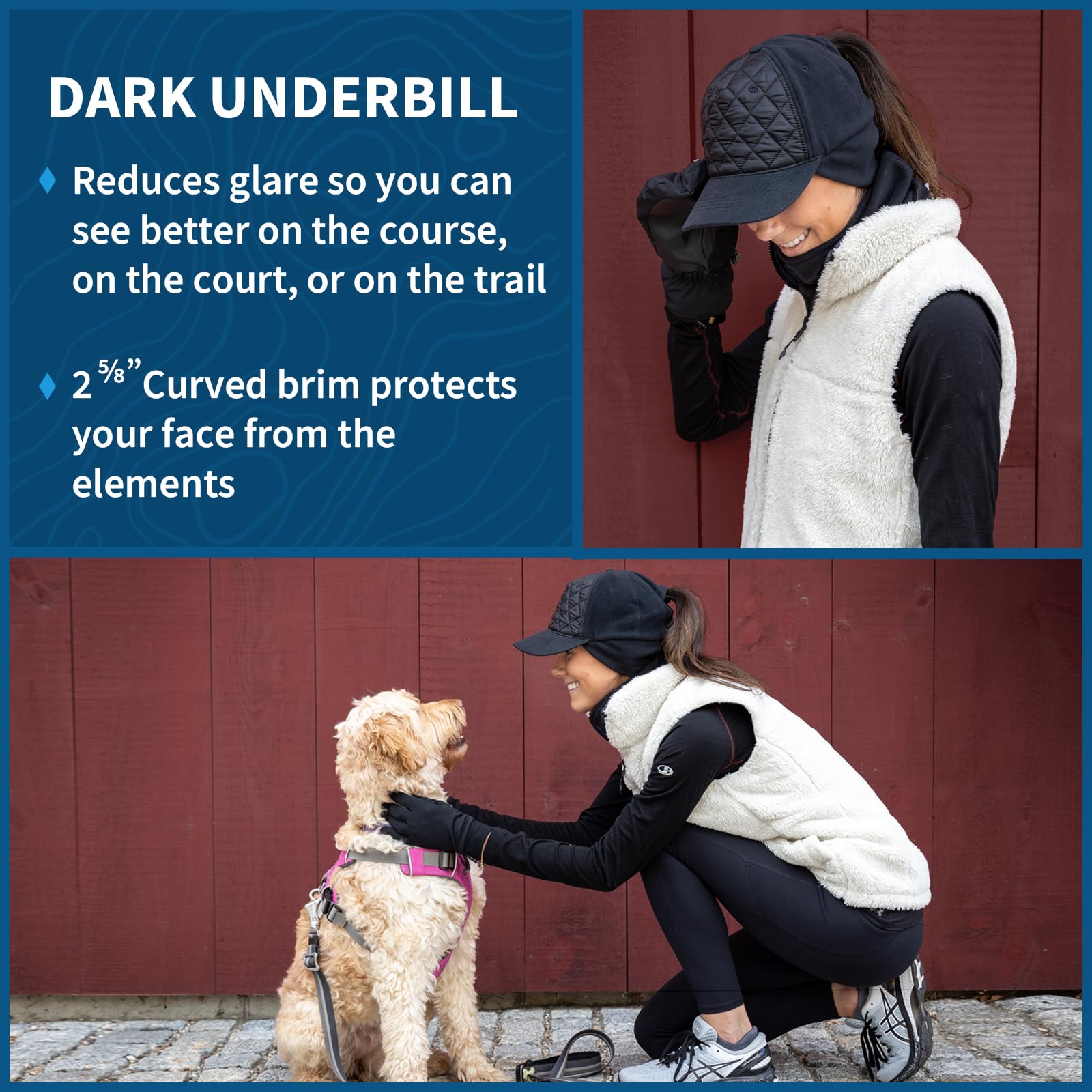 TrailHeads Women's Winter Ponytail Hat | Trucker Hat with Drop Down Ear Warmers | Quilted Hat - Black