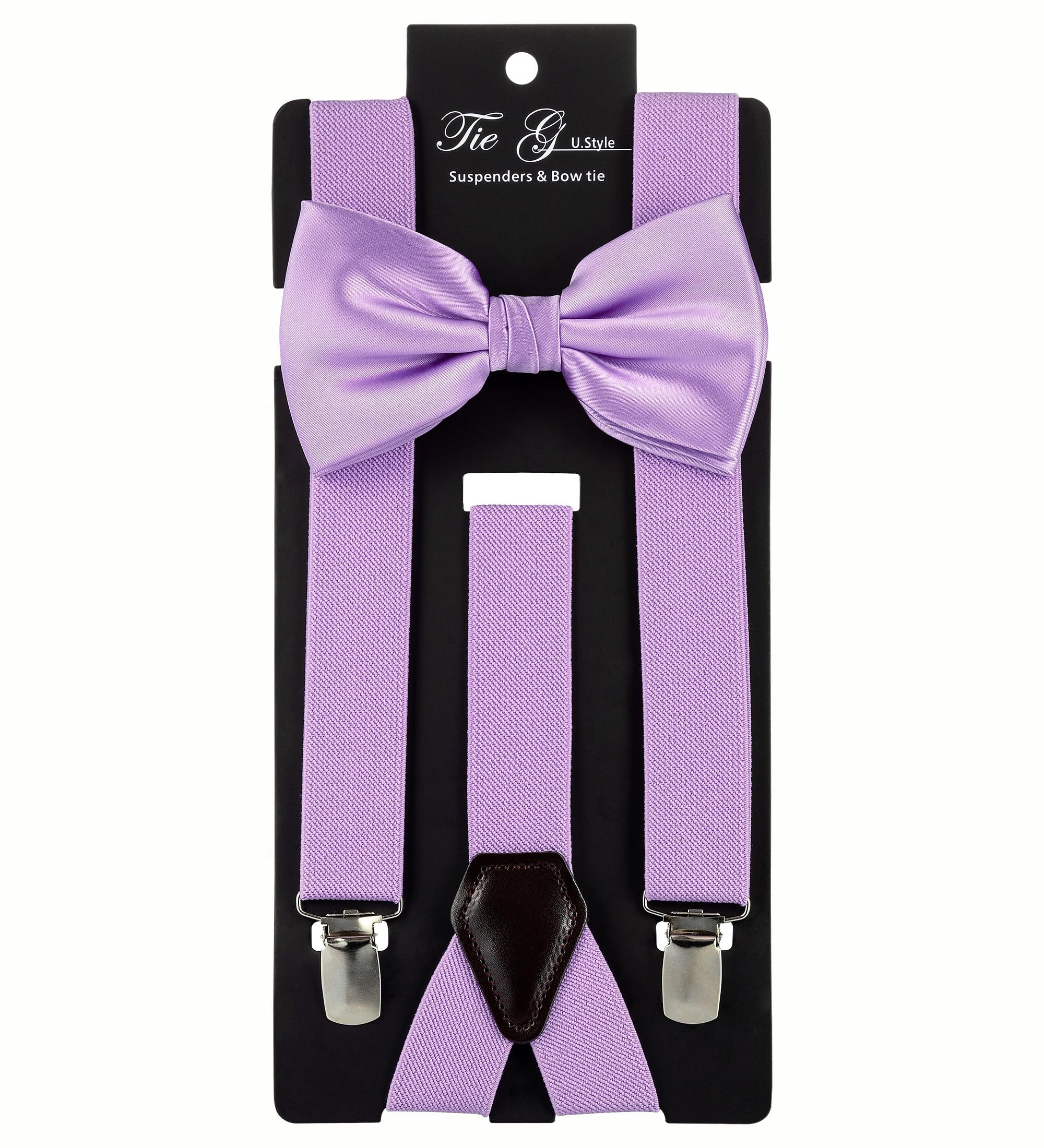 TIE G Solid Color Men's Suspender + Woven Bow Tie Set for Wedding : Vivid Color, Adjustable Brace, Strong Enhanced Clip, Elastic Band (Lavender)