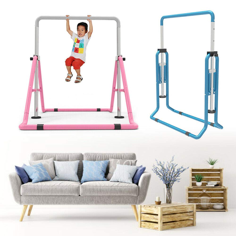 TFCFL Kids Gymnastic Horizontal Bar, Blue/Pink Gymnastics Horizontal Bars Adjustable Folding Gymnastics Garden Bar Home Sports Training Equipment Height Adjustable (Blue)