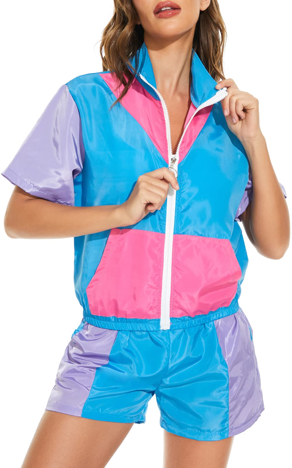Yisfri Women's Vintage 80s 90s Style 2 Piece Outfit Short Sleeve Zip Front Windbreaker Tracksuit Themed Party Workout Set (Blue, XL)