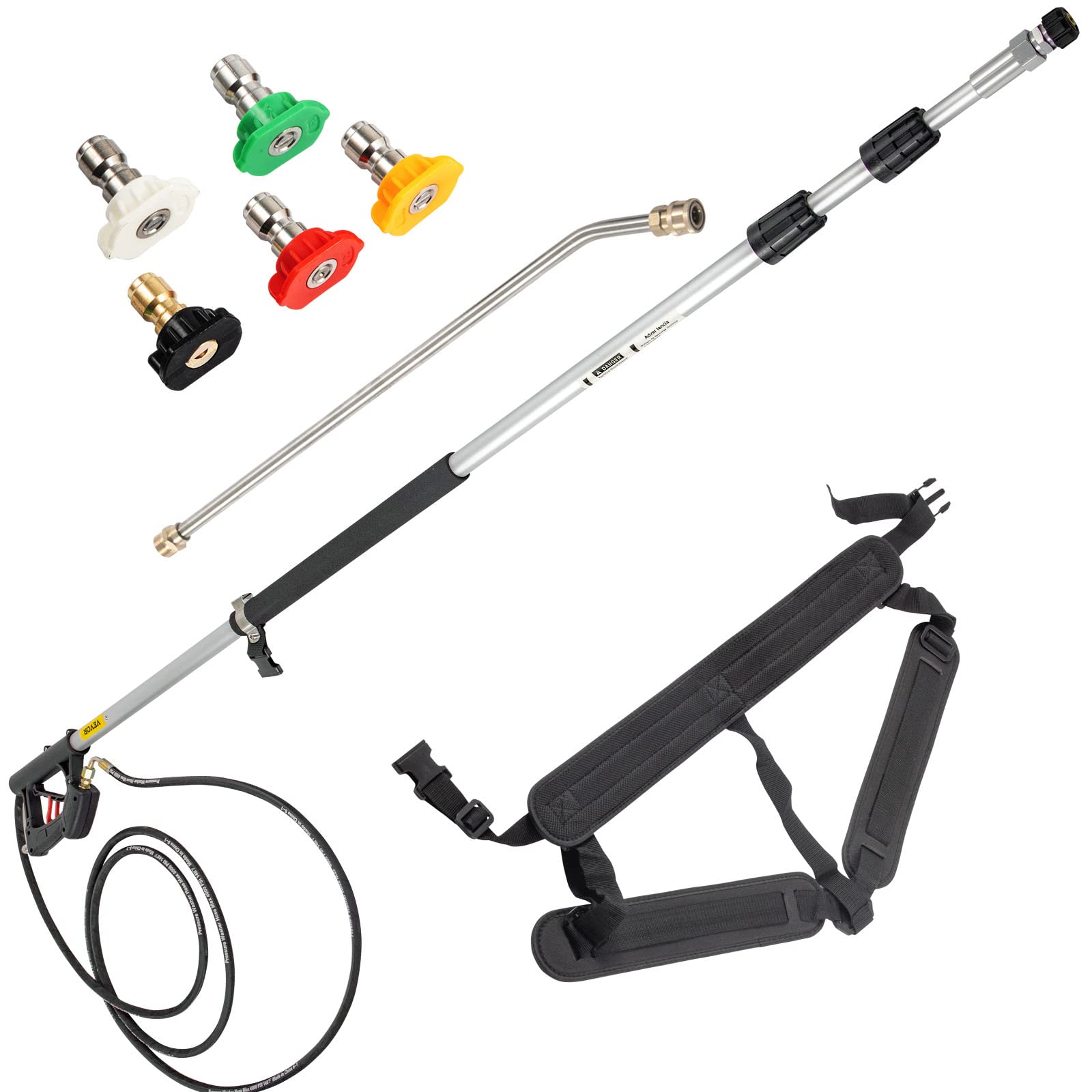 VEVOR Telescoping Pressure Washer Wand, 18ft Length Adjustable Power Washer Extension Wand, 4000PSI 9GPM Power Cleaning Tools w/Strap Belt, 5 Nozzle Tips, 3/8'' & 1/4'' Quick Connectors, Silver/Black