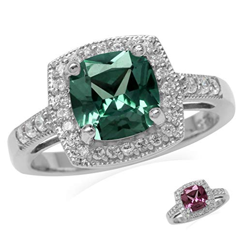 Silvershake 8mm Cushion Shape Created Color Change Alexandrite 925 Sterling Silver Halo Engagement Ring Size 6