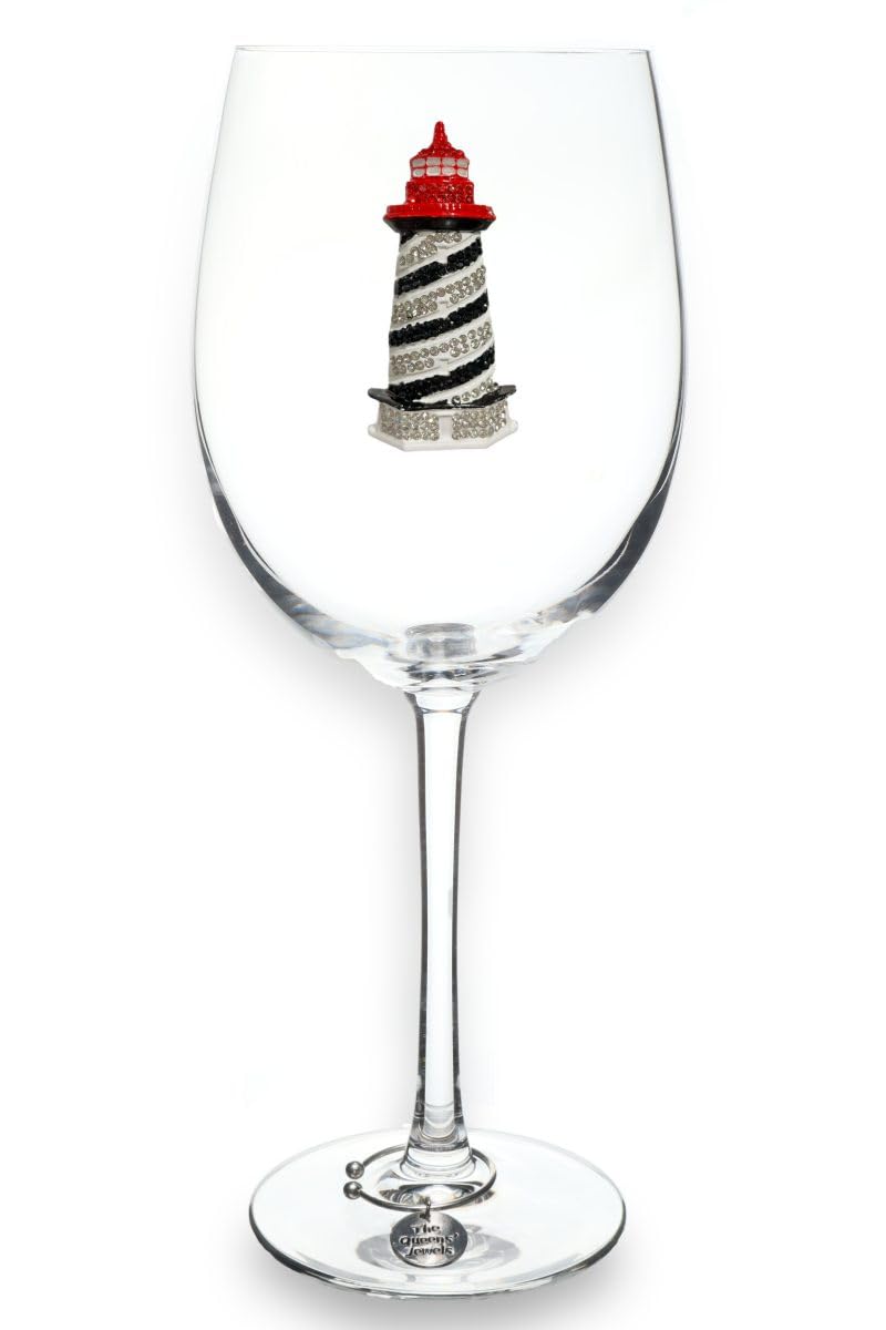 THE QUEENS' JEWELS Lighthouse Jeweled Stemmed Wine Glass, 21 oz. - Unique Gift for Women, Birthday, Cute, Fun, Not Painted, Decorated, Bling, Bedazzled, Rhinestone
