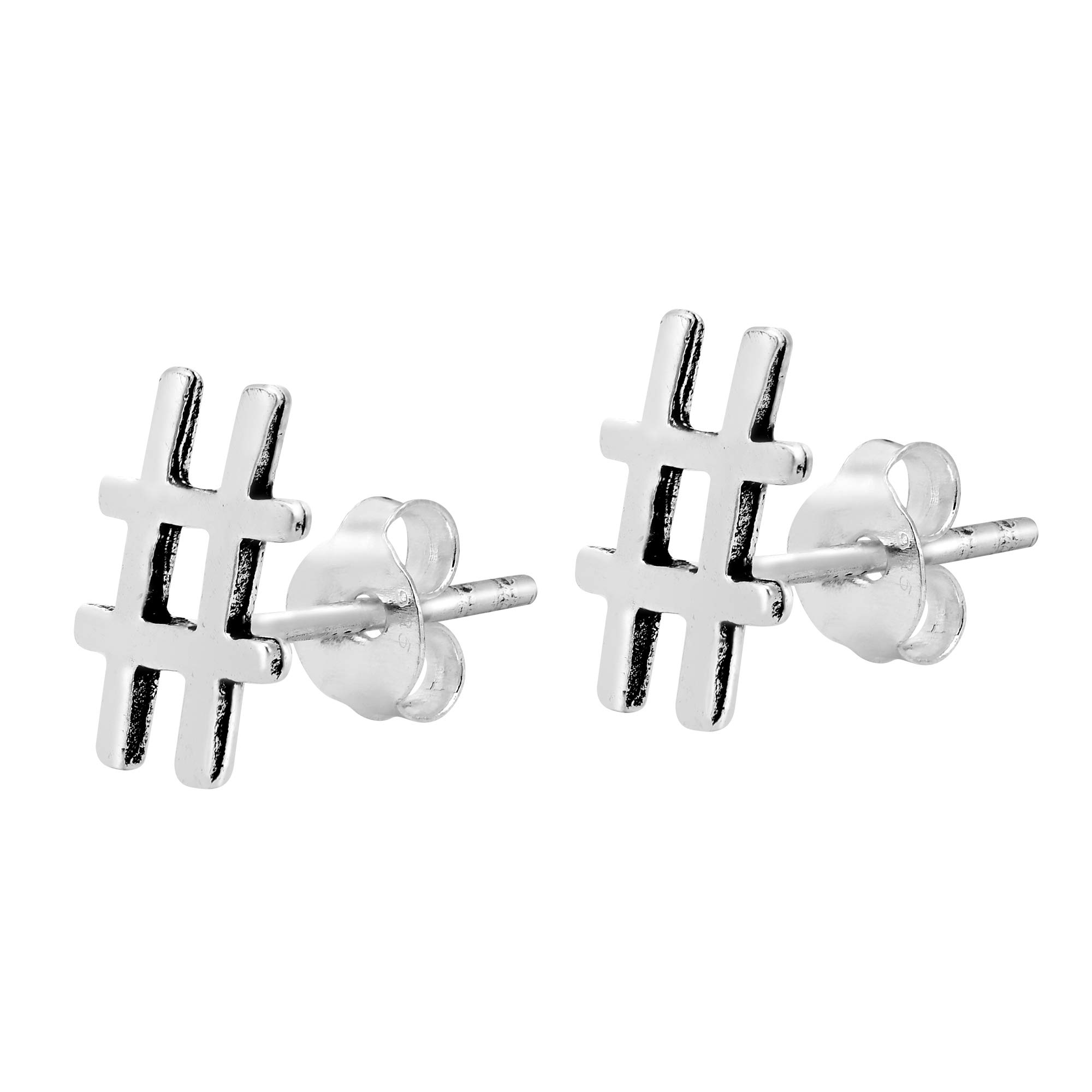 Trendy Minimalist Hashtag Symbol .925 Sterling Silver Post Stud Earrings