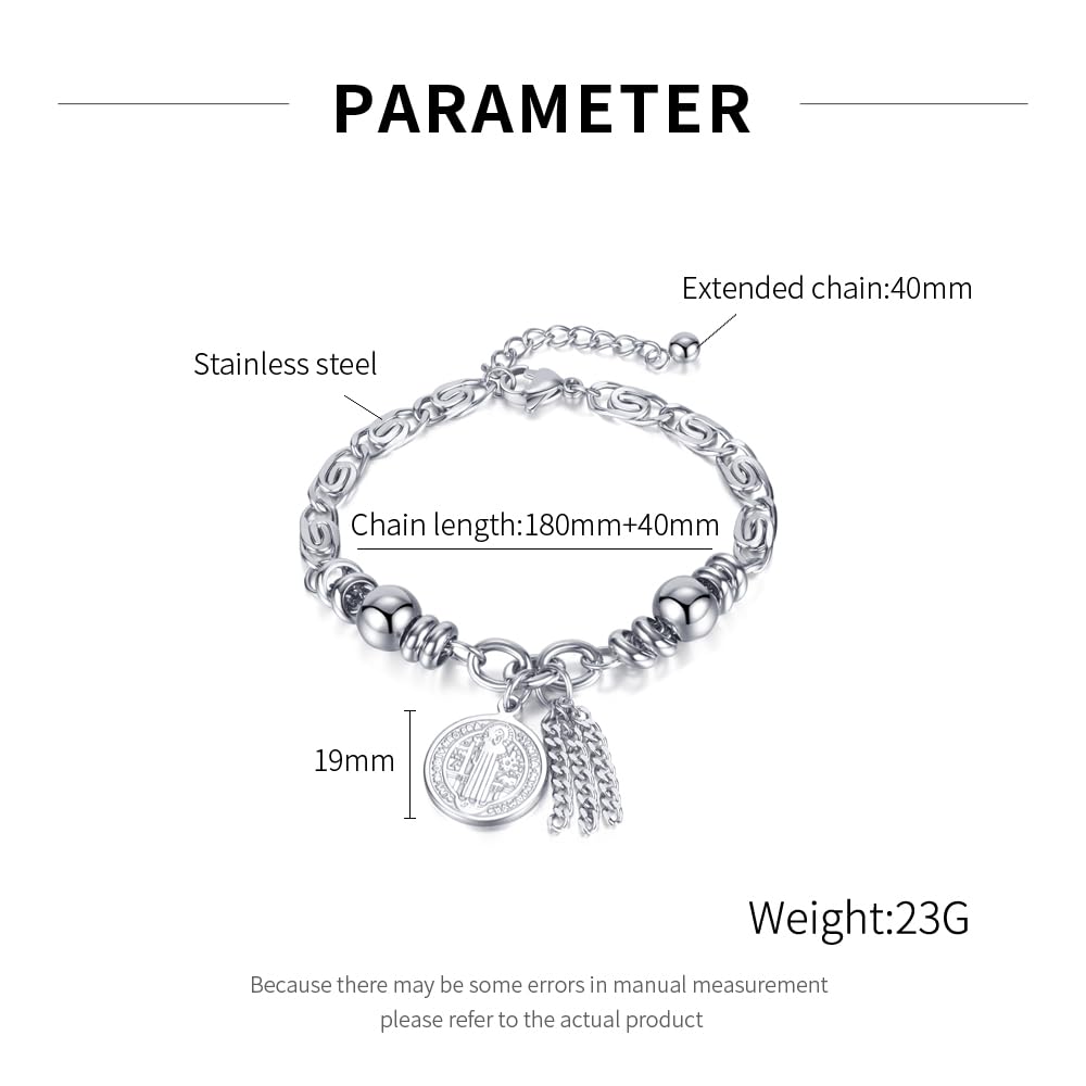 TEMICO Stainless Steel Cross Saint Benedict Coin Charm Bracelet for Women Catholic Exorcism Protection Jewelry