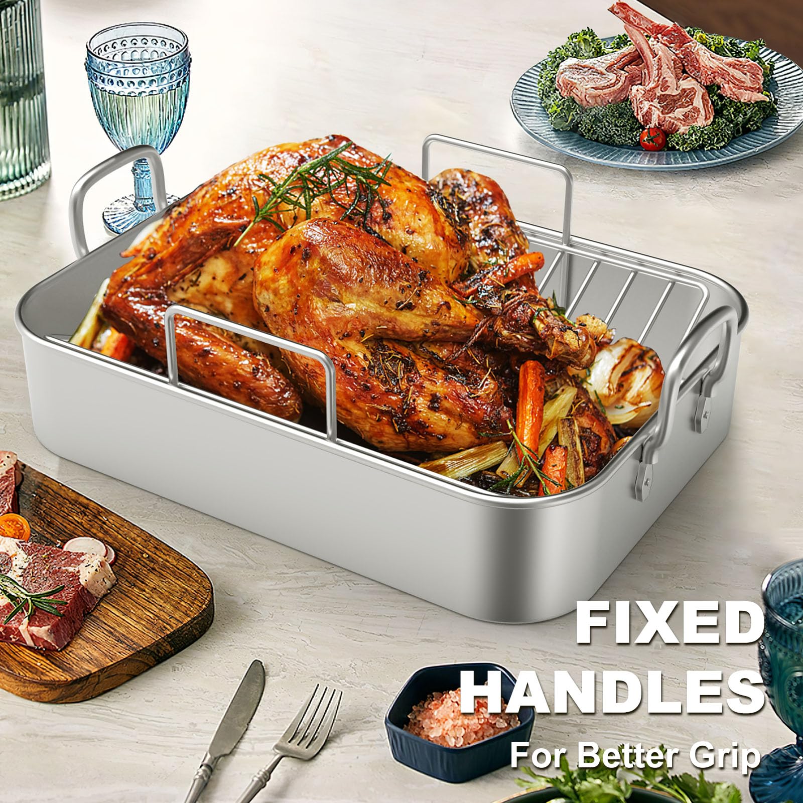 Roasting Pan, Deedro 17*13 Inch Stainless Steel Turkey Roaster with Rack - Deep Broiling Pan & V-shaped Rack & Flat Rack, Non-toxic & Heavy Duty, Great for Thanksgiving Christmas Roast Chicken Lasagna