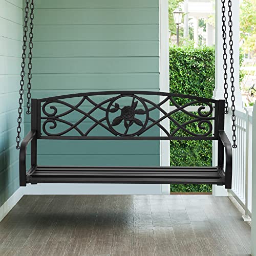YITAHOME Heavy Duty Metal Hanging Porch Swing Chair Outdoor Swing Steel Patio Bench Lounge Capacity 660lb for Garden, Balcony, Living Room, Black Rose