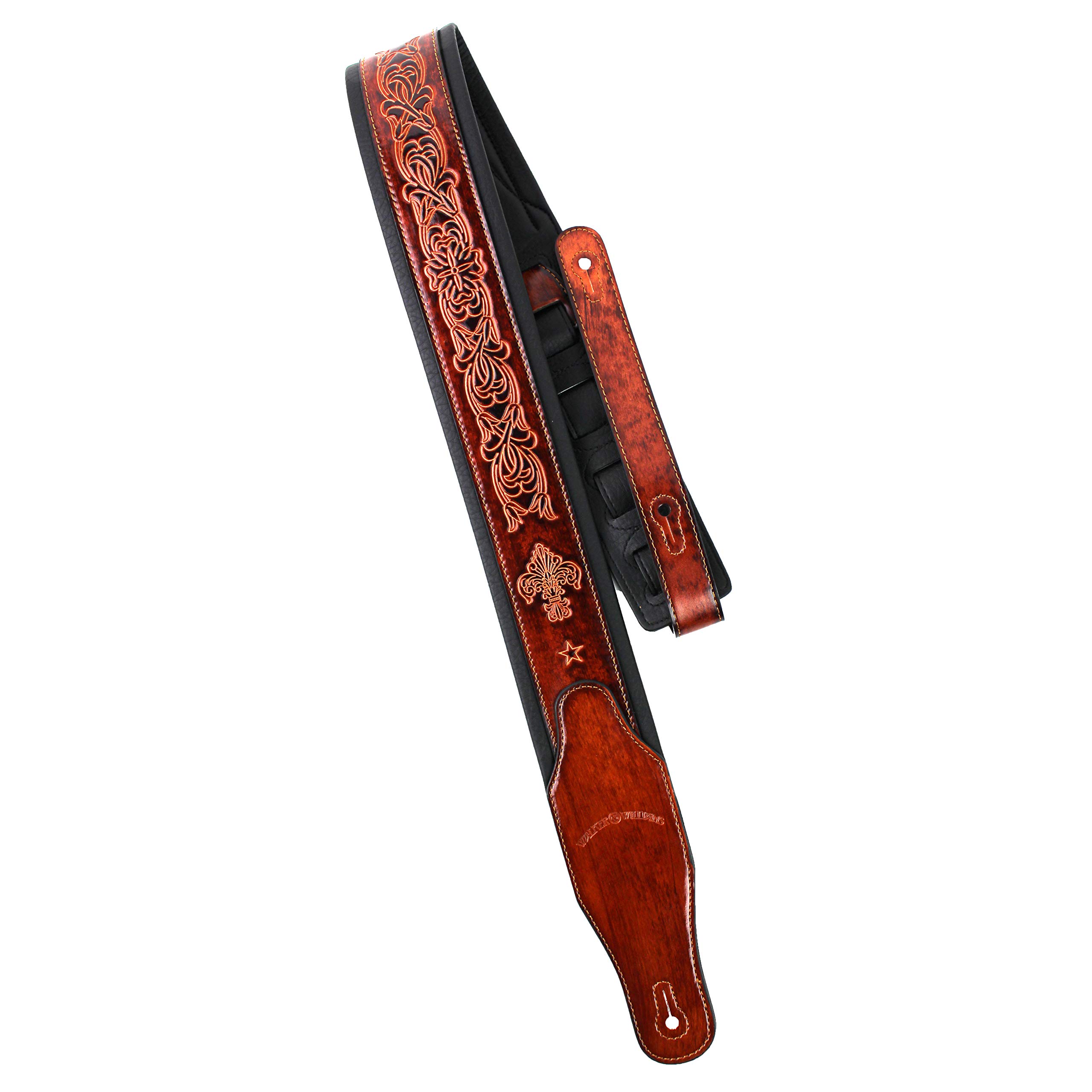Walker And Williams GB-22 Bourbon Brown Padded Guitar Strap with Fleur De Lis & French Chain Design For Acoustic, Electric, And Bass Guitars