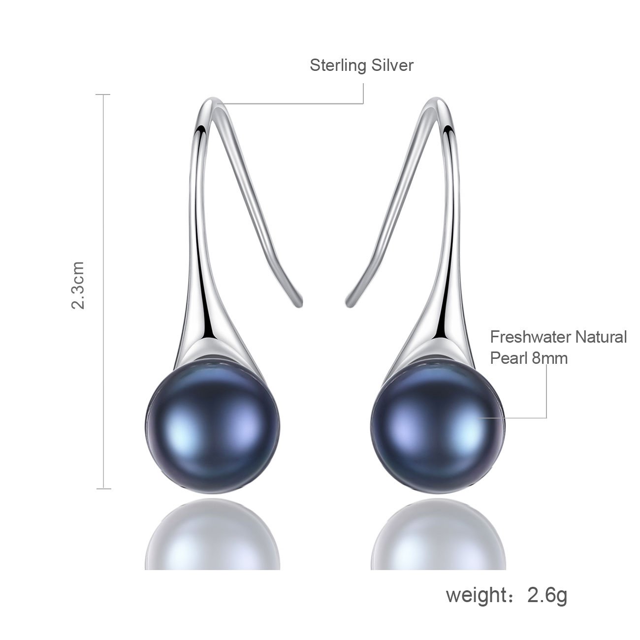 S925 Sterling Silver Freshwater Cultured Pearl Dangle Drop Earrings for Women AAA+ Quality 8mm Black Pearl Women's Earrings