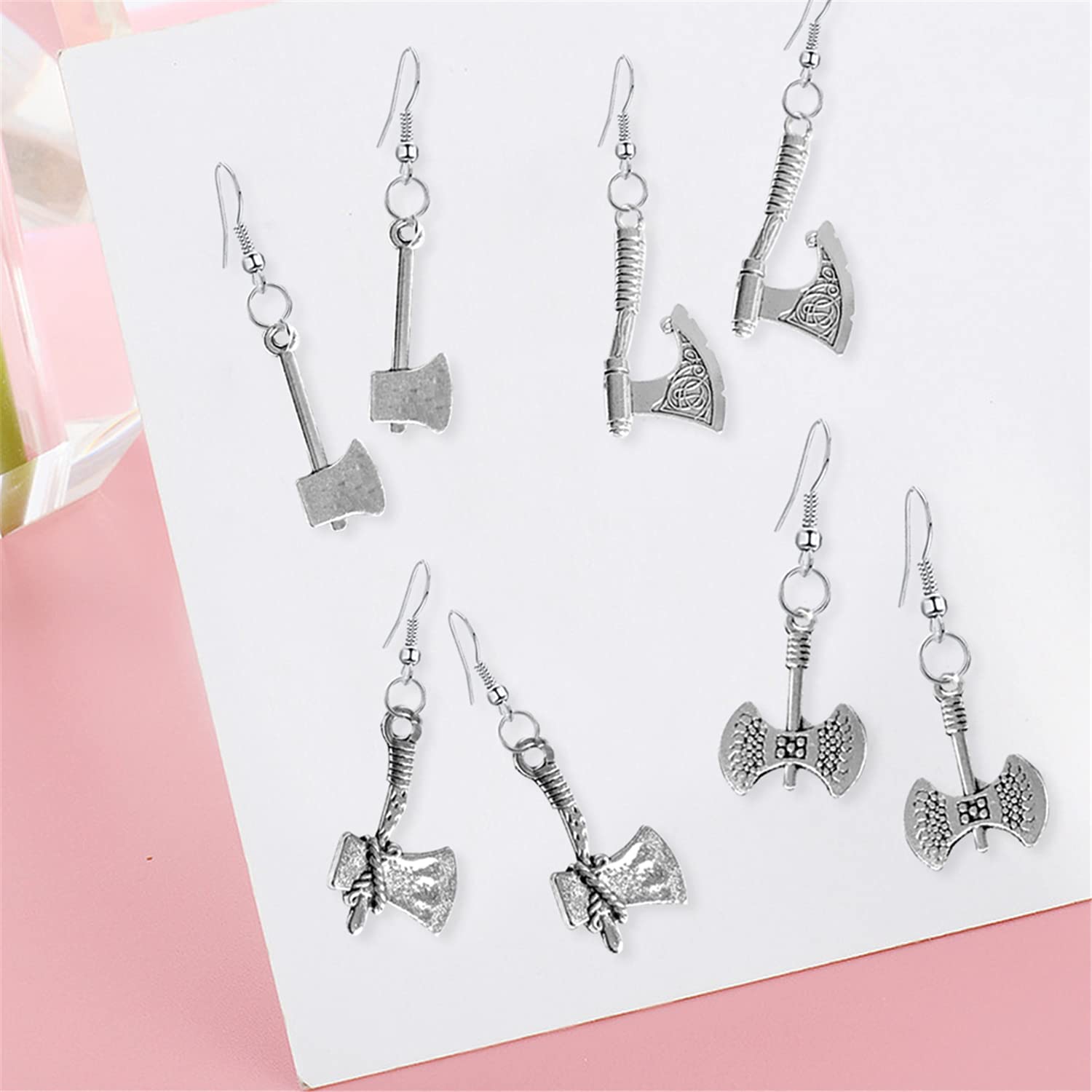 WUWEIJIAJIA 4 Pairs Unique Gothic Vintage Silver Axe Dangle Drop Earrings Sets for Women Statement (Silver)