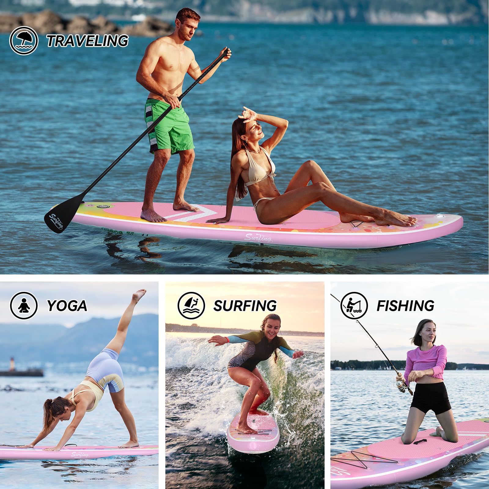 YUSING 11' Inflatable Stand Up Paddle Board with Kayak Seat, Non-Slip Deck SUP Paddle Board with Premium Kayak and SUP Accessories & Backpack, Portable Standing Boat for Youth & Adult(Pink)