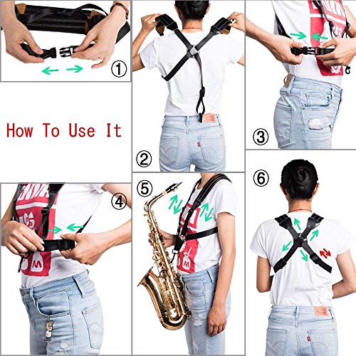 Rayzm Saxophone Strap, Universal Double Shoulder Leather Strap for Sax, Adjustable Padded Harness Strap for Alto Tenor Soprano Baritone Saxophone (Large Size)