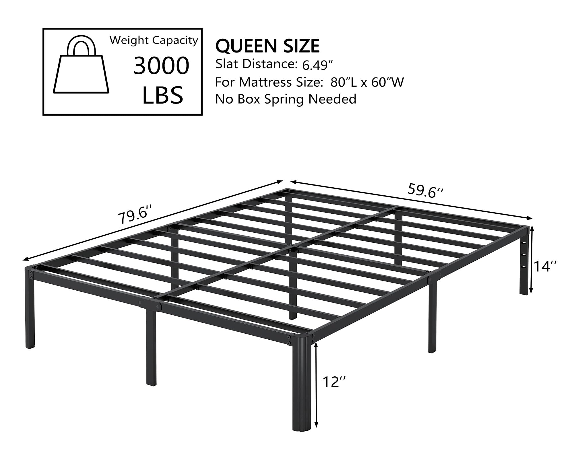 Riwanca 14 Inch Bed Frame Queen Size with Round Corner Legs, No Box Spring Needed, Heavy Duty Black Metal Platform Mattress Foundation, Non-Slip Noise Free Easy Assembly