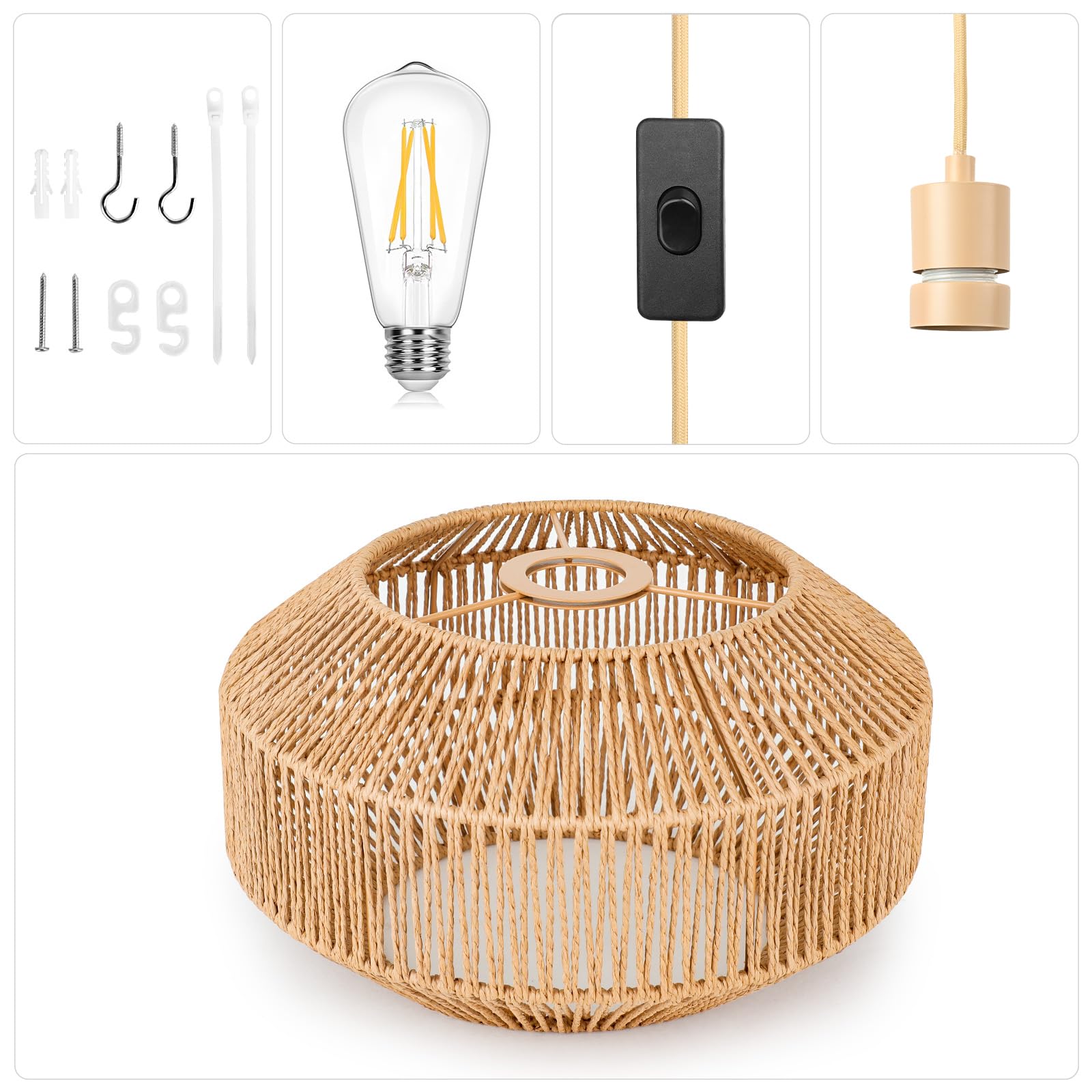 Plug in Pendant Light Paper Woven Rattan Hanging Lights Boho Hanging Lamp Rustic Farmhouse Pendant Lights for Kitchen Dining Room Bedroom Entryway, with 3-Way Dimmable Bulb (Woven)