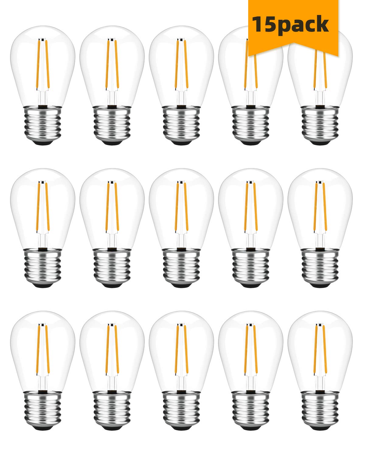 S14 LED Outdoor Edison Light Bulbs for String Light Replacement, E26 Medium Screw Base, Not Dimmable, 2700K, 1.6Watt to Replace 11w Incandescent Bulb, Waterproof, Clear Glass,15Pack