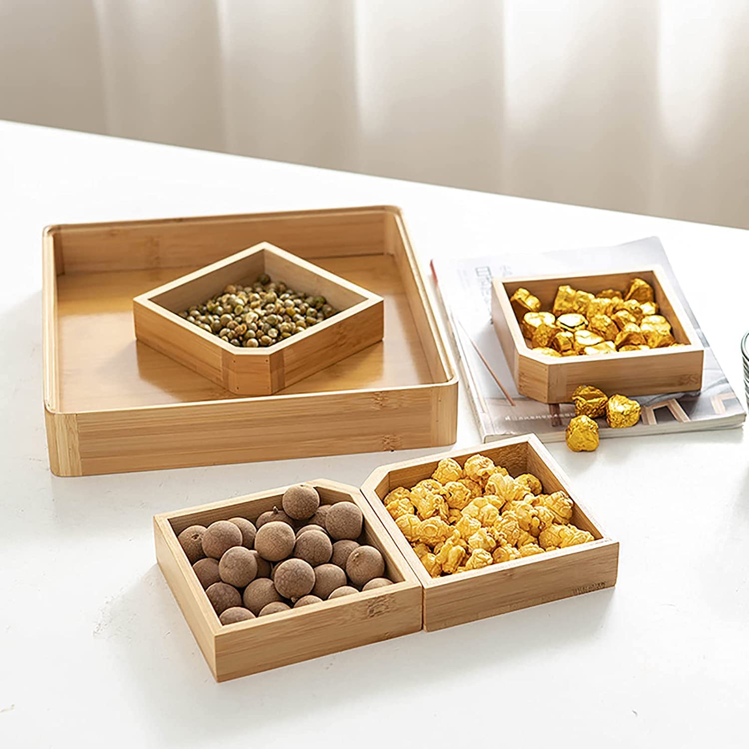 WUWEOT Bamboo Nut and Candy Serving Tray, Party Appetizer Platter Veggie Dish, Candy Bowl with Acrylic Lid & Removable Dividers for Party, Taco Dip Parties Platters & Chip Bowls