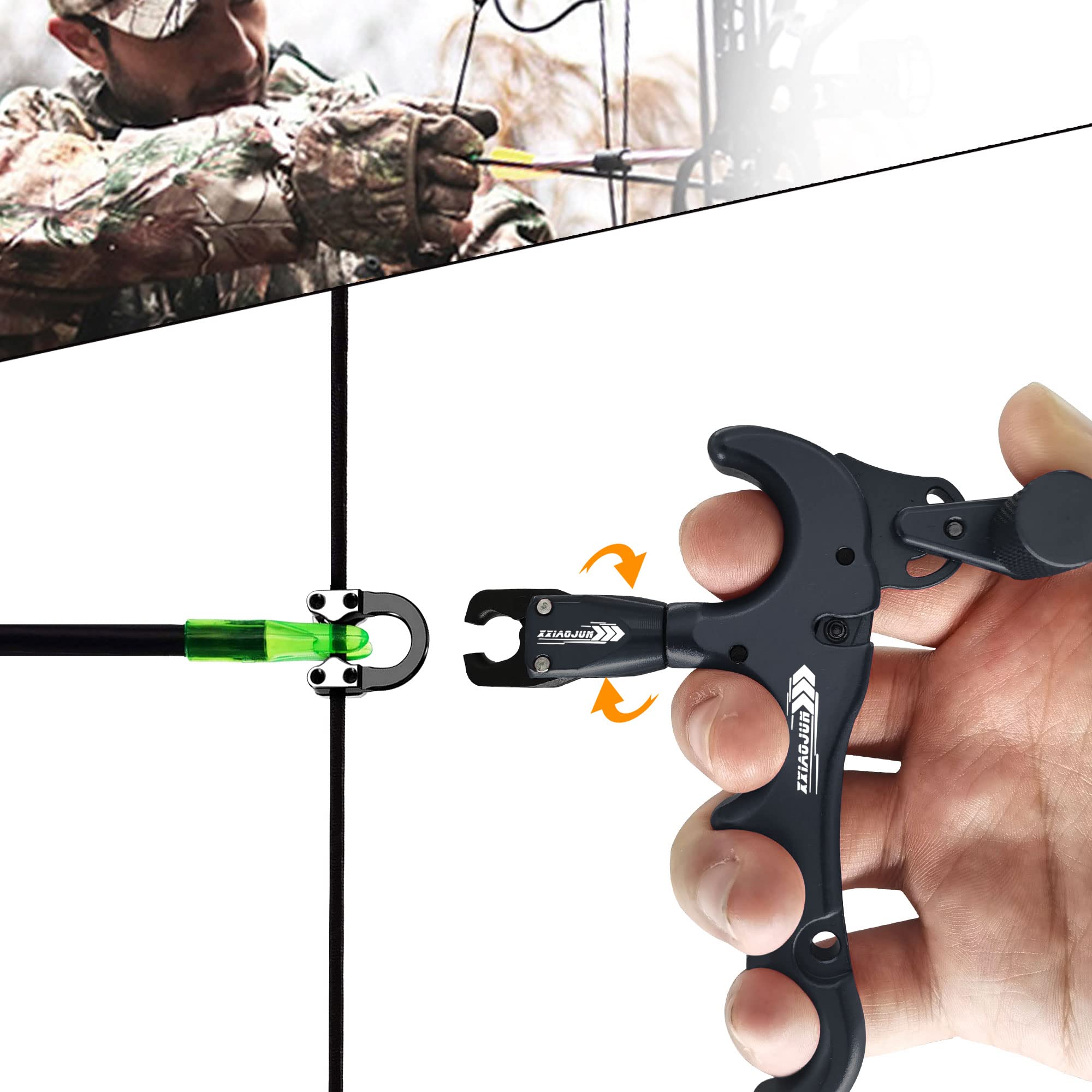 xxiaojun Compound Bow Aid Releaser and D Loop Rope，Adjustable Can Rotate 360° Thumb Release Bow Aluminum Alloy Aids，Archery Release Aids (4 Fingers-Bow Release -Black)