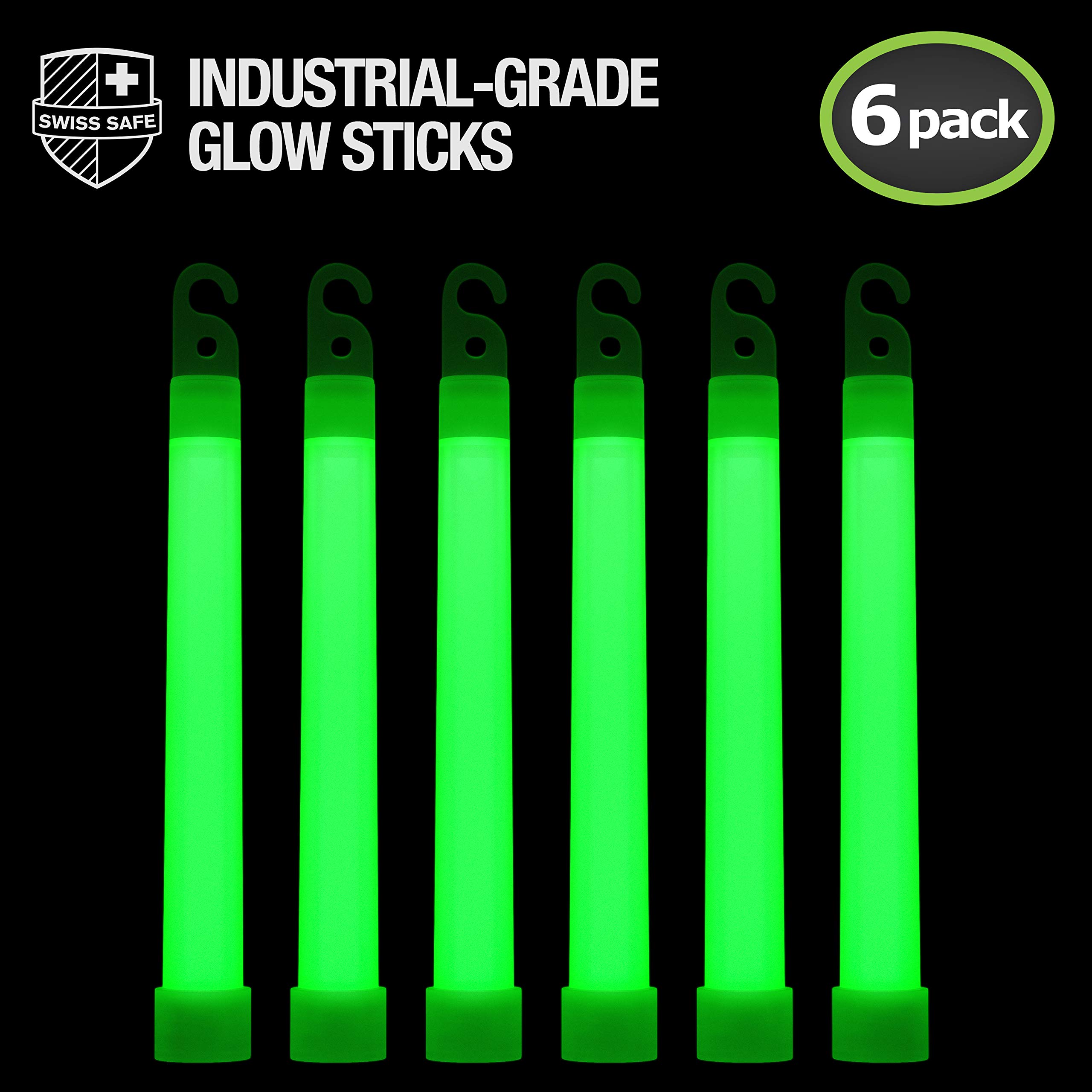 Swiss Safe Premium 6" Glow Sticks, Extra Bright, 12+ Hour Duration, Emergency Ready, Green, 6 Pack