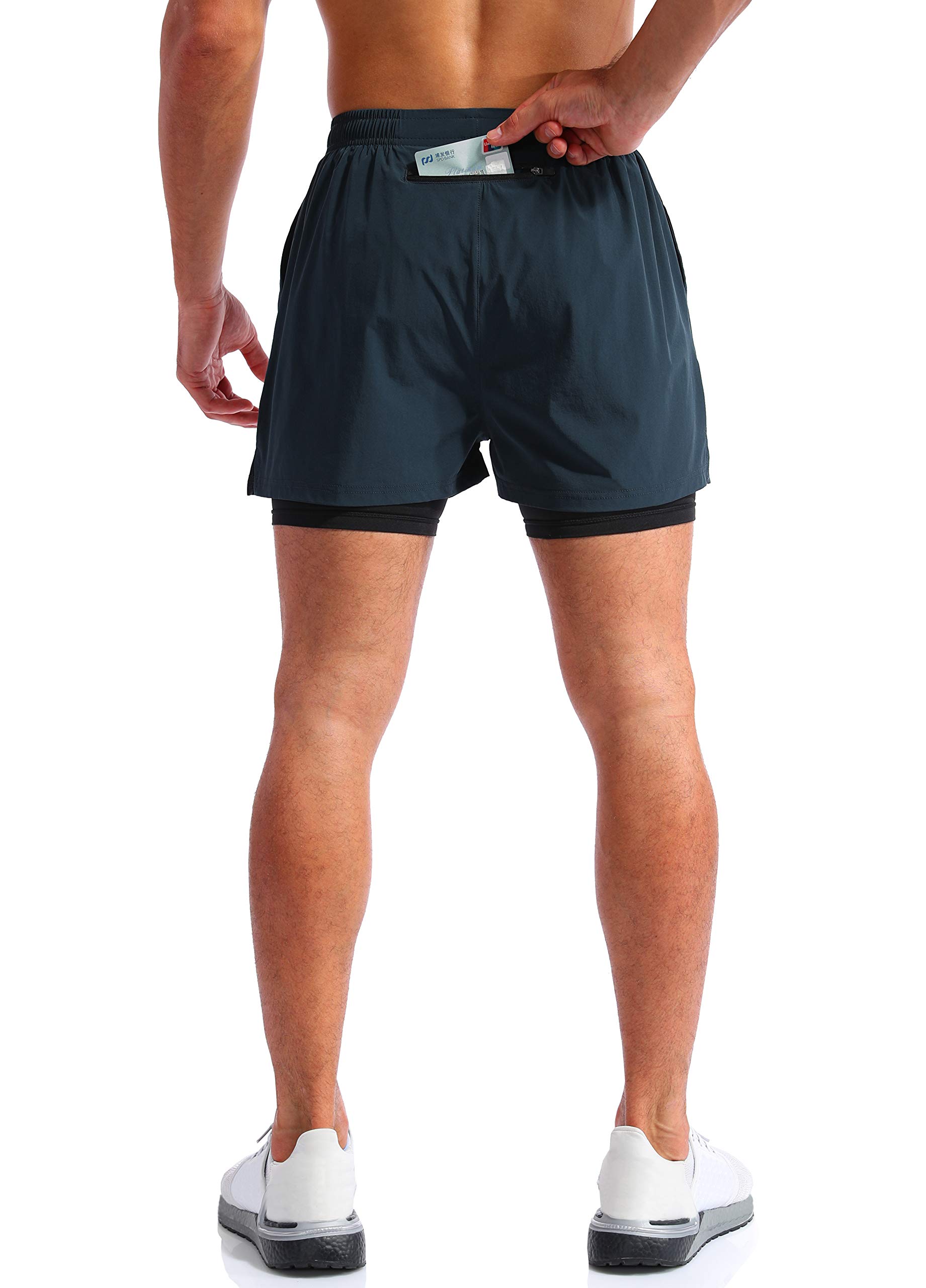 Pudolla Men’s 2 in 1 Running Shorts 5" Quick Dry Gym Athletic Workout Shorts for Men with Phone Pockets(Navy Blue Small)