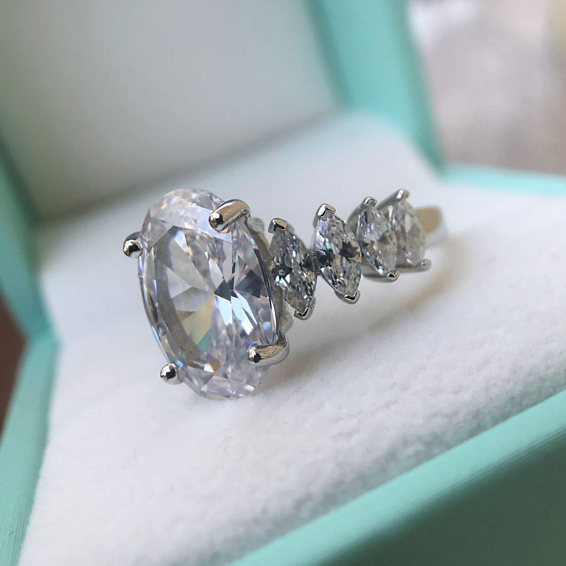 WANGYUSHENG Plated Silver Marquise Cut & Oval Cut Cubic Zirconia CZ Statement Halo Art Deco Cluster Wedding Engagement Ring 6.8 carats (US size 8)