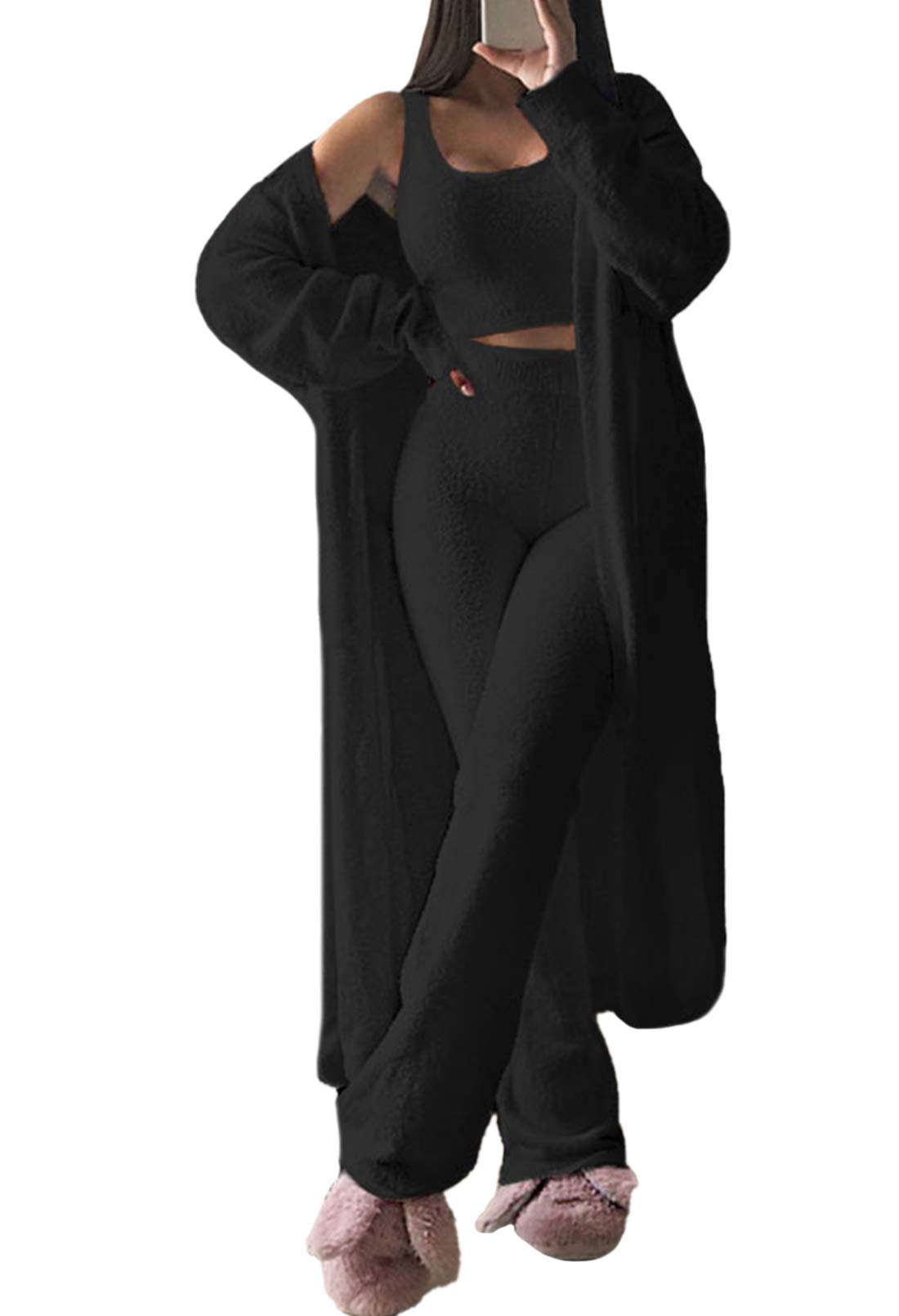 VamJump Womens 3 Piece Outfits Fuzzy Fleece Open Front Cardigan Crop Top Wide Leg Pants,Black,L