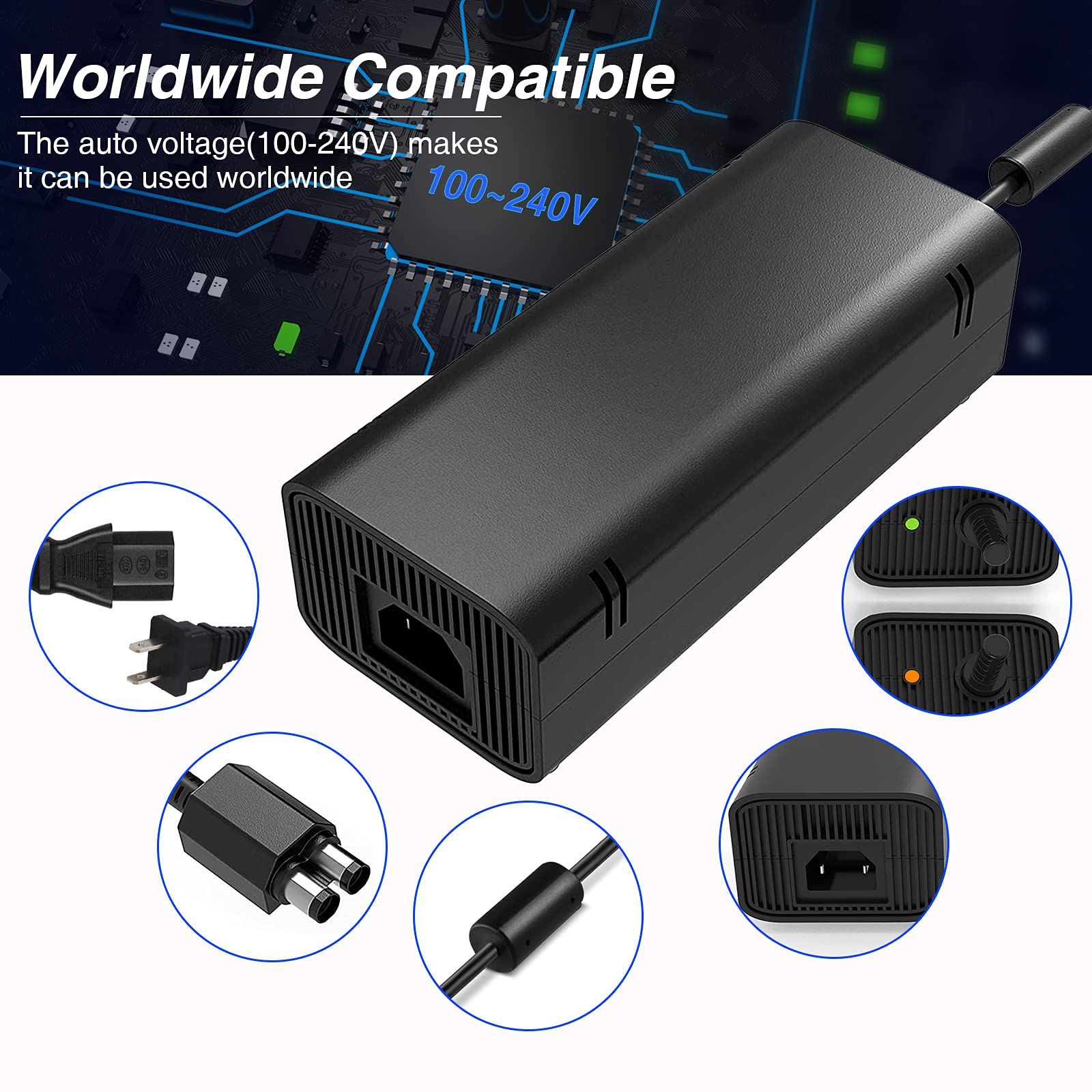 Xbox 360 Slim Power Supply, AC Adapter Power Supply Brick Charger with Cable for Xbox 360 Slim