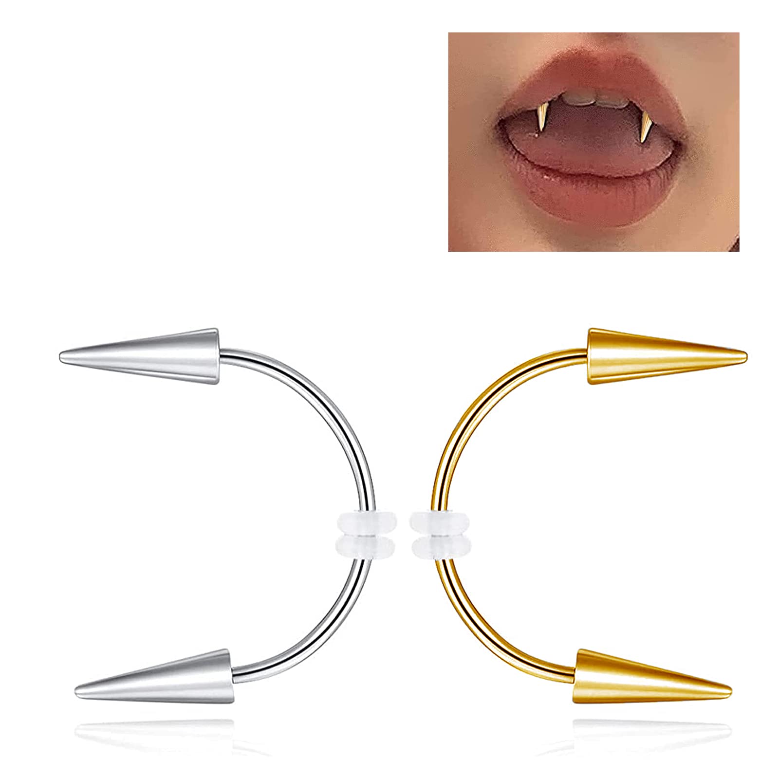 Ypser 2PC Vampire Teeth Ring Stainless Steel Teeth Nail Rings Smiley Piercing Teeth Jewelry (Golden + Silver) 1.2mm (16G)