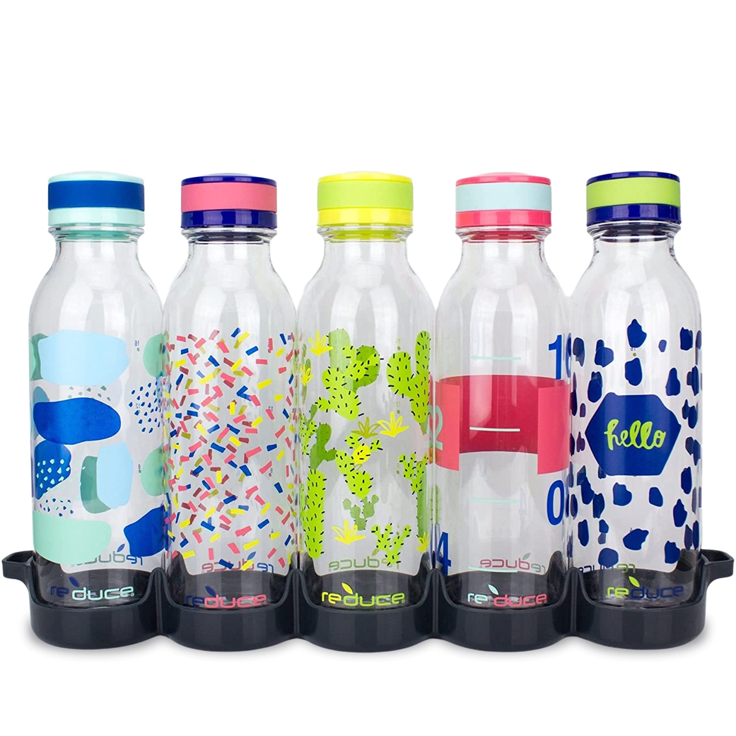 Reduce WaterWeek Reusable Water Bottle Set, 20oz β Plastic Reusable Water Bottle Set of 5, Plus Fridge Tray β BPA-Free, Leak Proof Twist Off Cap β Bliss