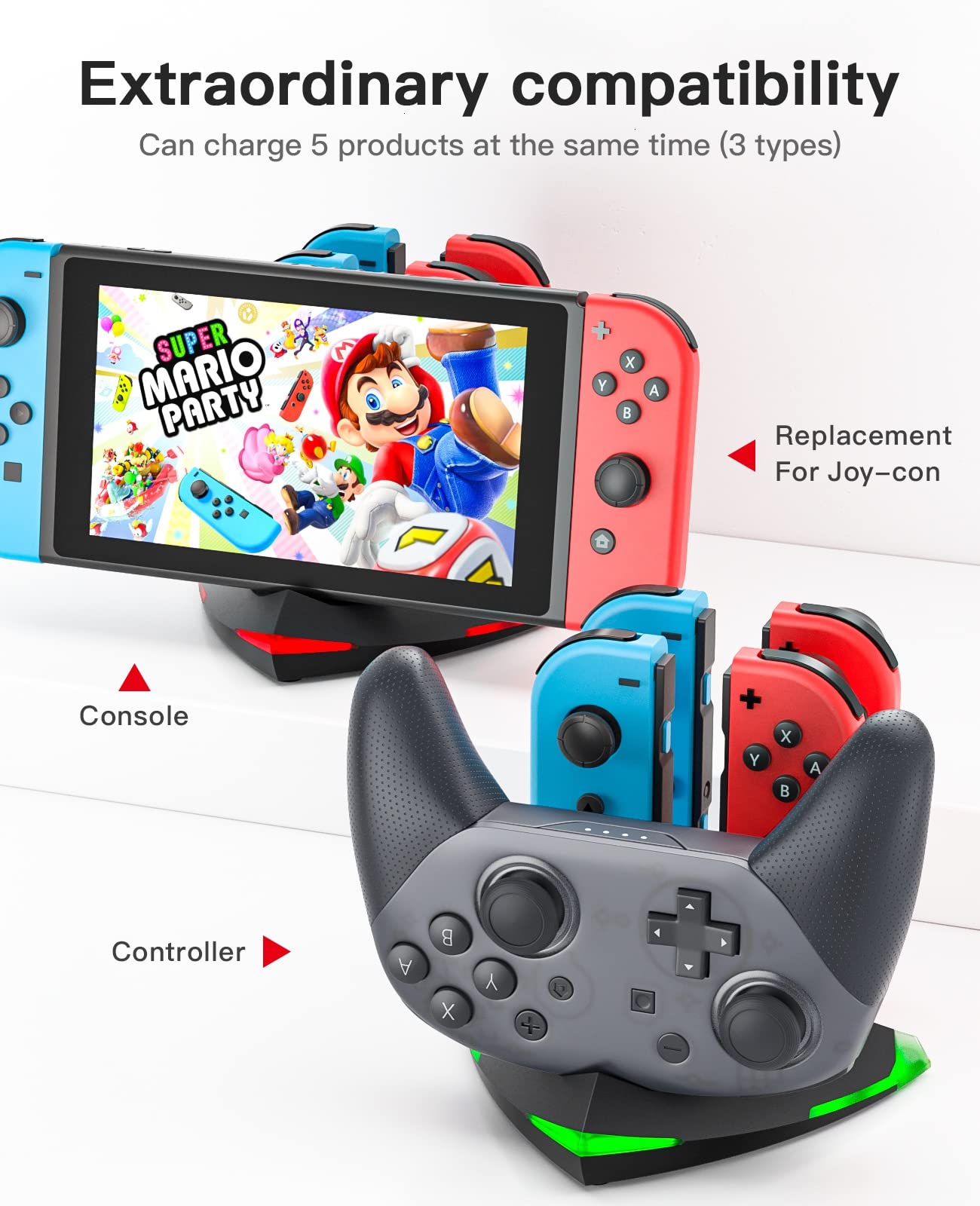 VOYEE 5-in-1 Charging Dock Compatible with Nintendo Switch Controller and Joycons with Led Indication, Charging Protection - Upgraded