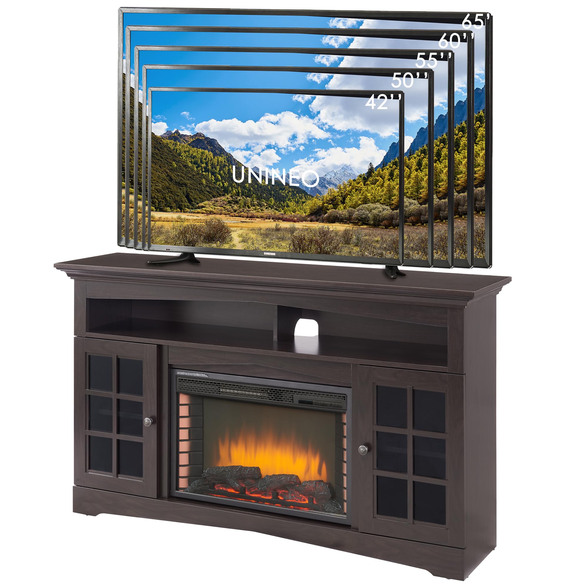 Unineo Fireplace TV Stand up to 65 Inch TVs with 27ββ Electric Fireplace Insert, Traditional Entertainment Center Media Console with Storage Cabinets, Adjustable Flame Effects, Remote Control, Brown