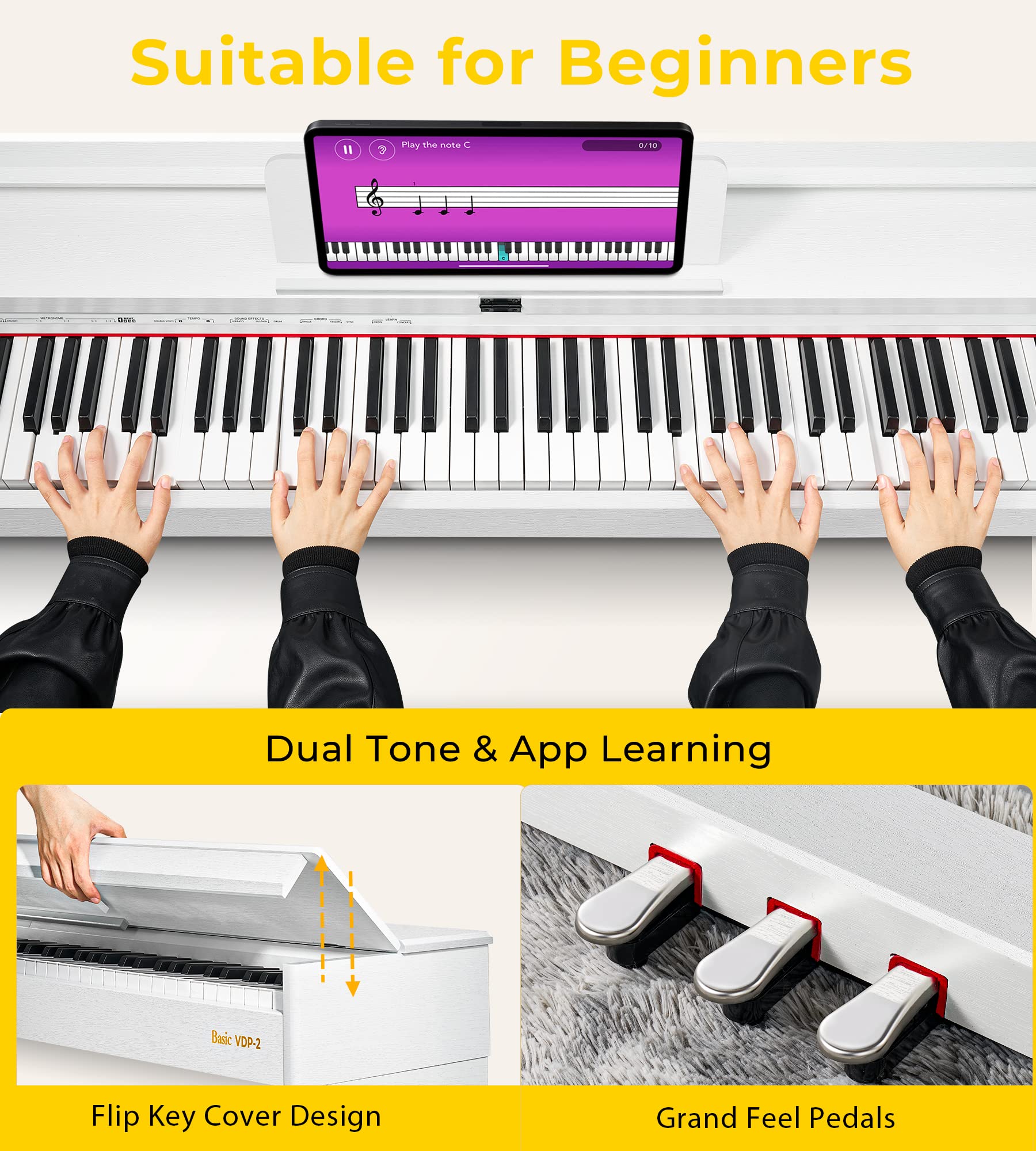 Vangoa Digital Piano 88 Keys Weighted Hammer Action Home Digital Piano Full size White with Furniture Stand, Flip Key Cover, Three Pedals and Power Adapter