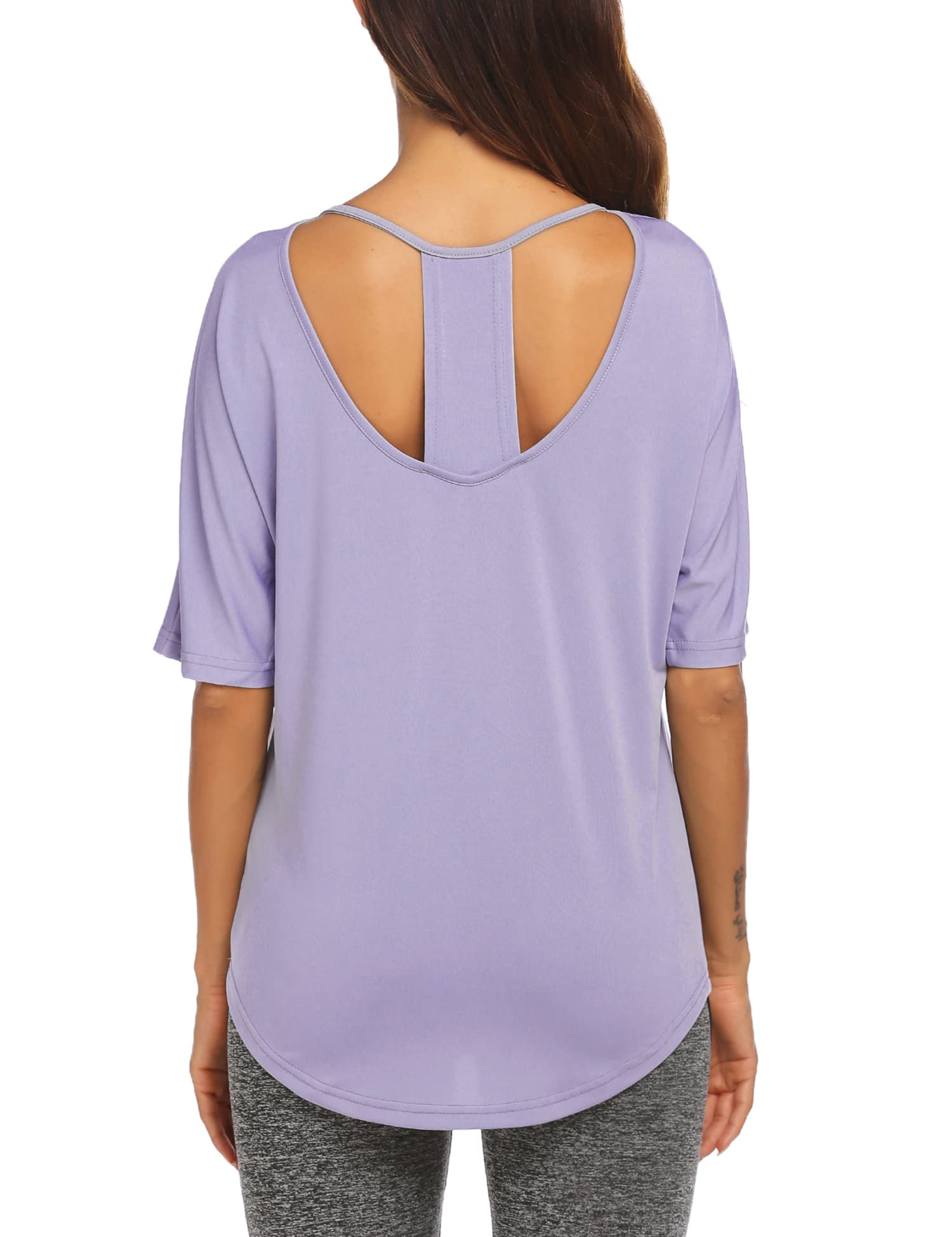 Yoga Tops for Women Open Back Workout Tops Short Sleeve Backless Cute Quick Dry Sport Shirts Lilac XL