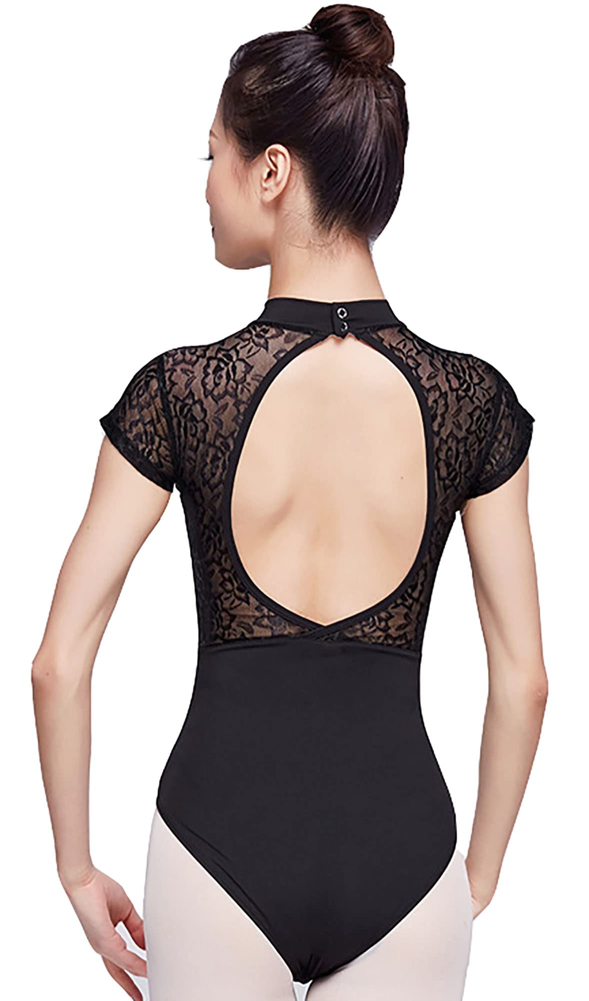 YCMI Women-Dance-Leotards-Lace-Turtleneck-Ballet-Bodysuit-Short-Sleeve-Dance-Gymnastics-Yoga-Leotards
