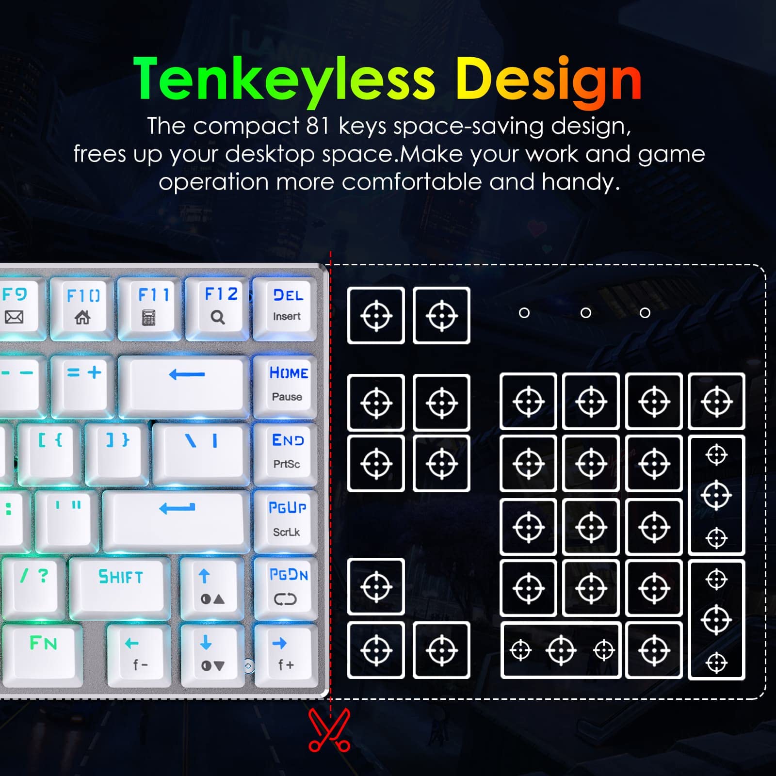 Z-88 Wired TKL Mechanical Gaming Keyboard, E-Element 81 Keys Compact Design Metal Top-Panel, Linear Red Switch, RGB Led Backlight Anti-Ghosting, Silver and White