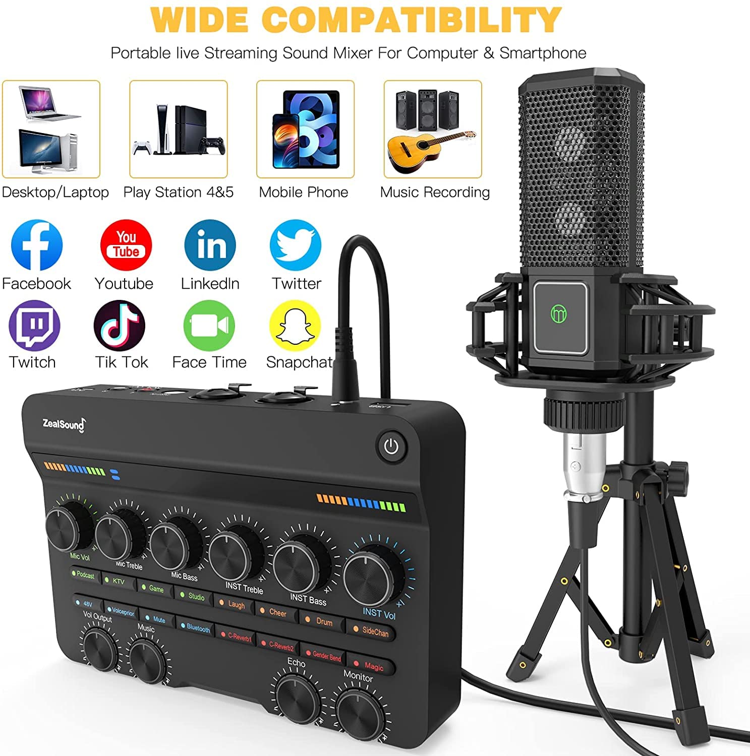 ZealSound Podcast Equipment Bundle,48V Phantom Power,Audio Interface with DJ Mixer and Live Sound Card Kit,ALL-IN-ONE Podcast Equipment Bundle Sound Board with XLR Microphone for Computer Smartphone