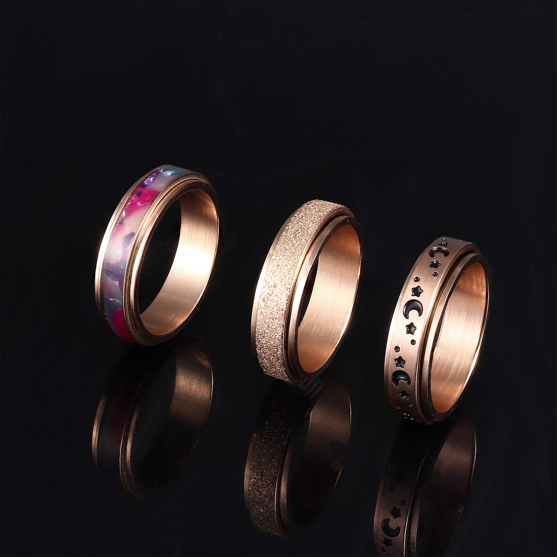 YADOCA 3 Pcs 6mm Spinner Band Ring for Men Women Moon Star Celtic Stress Relieving Ring Fidget Band Ring Rose Gold Stainless Steel 8